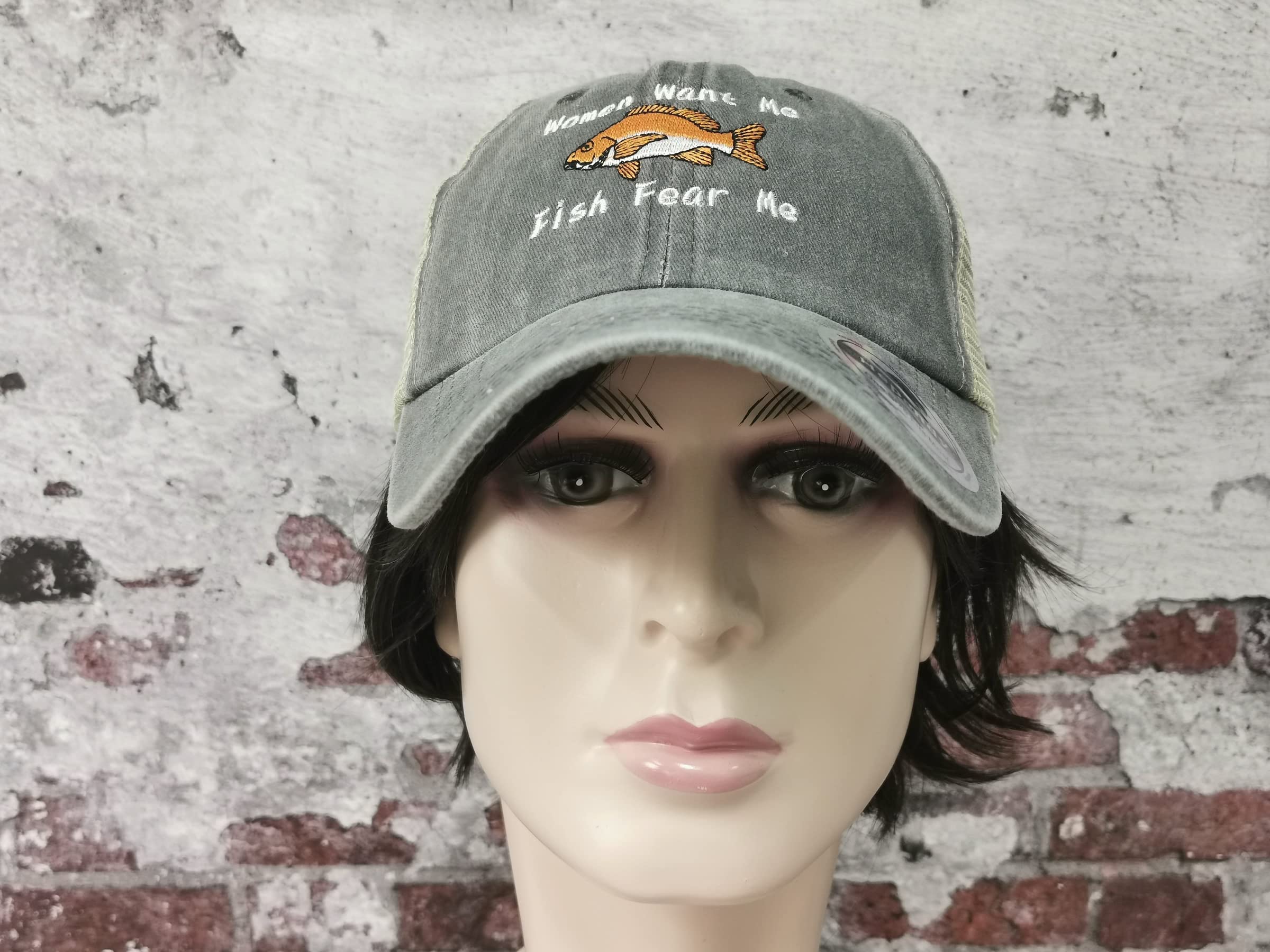 Embroidered Women Want Me Fish Fear Me Trucker Hat for Men, Grey Mesh Embroidery Baseball Cap, Outdoor Adjustable Cotton Snapback Dad Hat