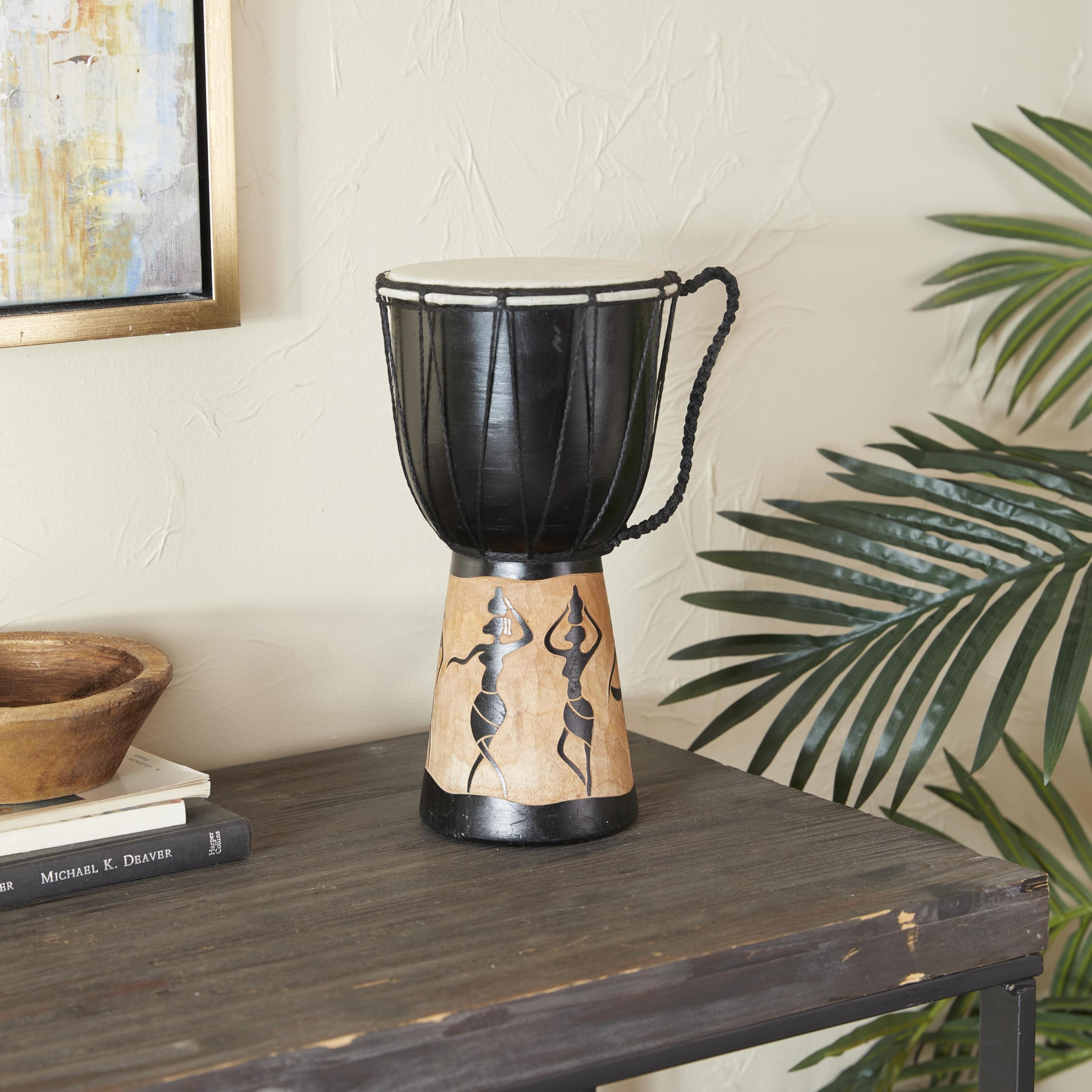 Deco 79 Wood Drum Handmade Decorative Sculpture Djembe Home Decor Statue with Rope Accents, Accent Figurine 6" x 7" x 12", Black