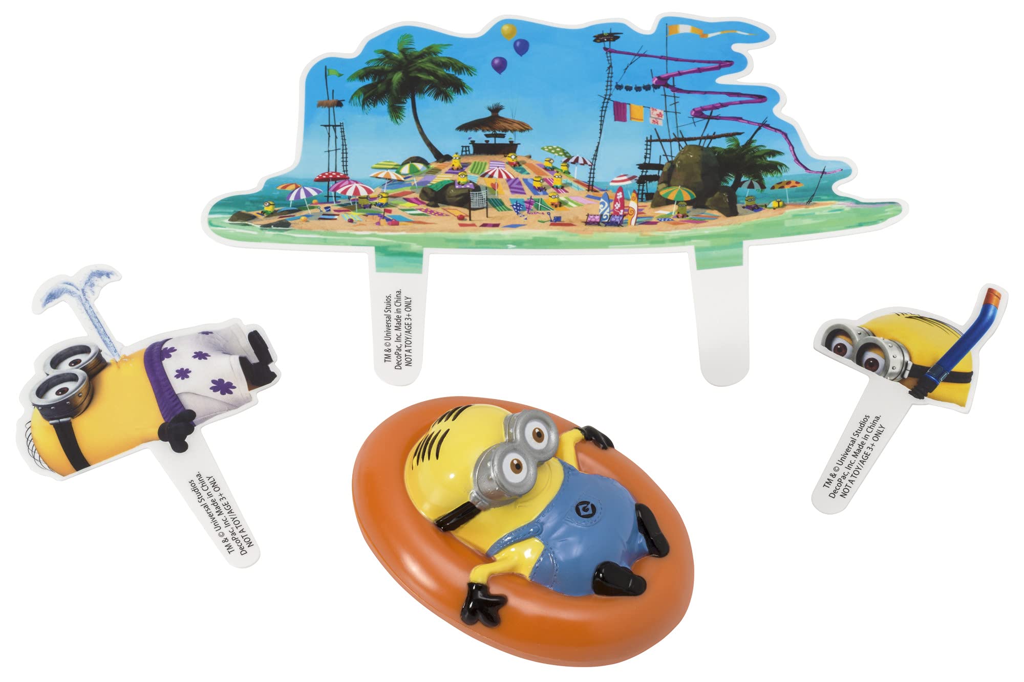 DecoSet® Despicable Me Beach Party Minions Cake Topper, 4-Piece Set with Keepsake Minion Figure, 2 Layon Picks,1 Laydown Image, Create Fun Cakes or Cupcakes, Food Safe