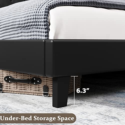 Homhougo Full Size Bed Frame with Adjustable Headboard, Upholstered Platform Bed with Button Tufted Faux Leather Headboard, Wood Slat Support, Noise-Free, No Box Spring Needed, Easy Assembly, Black