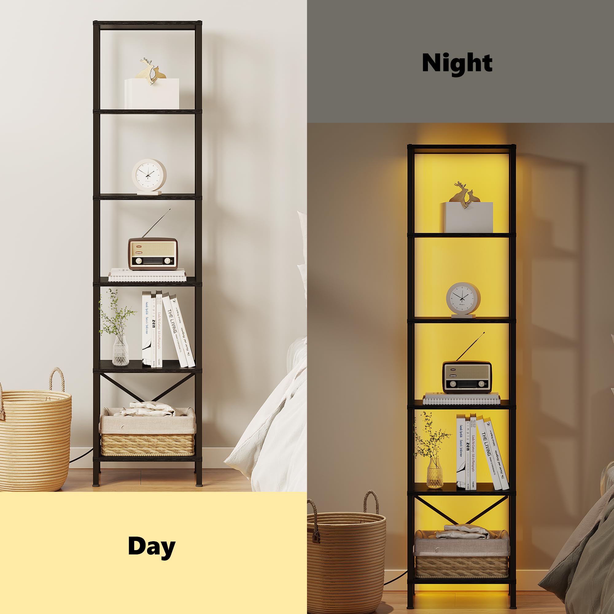 JARHETUN 6-Tier Bookshelf, Tall Narrow Bookcase with LED Lights, Book Shelf with Steel Frame, Display Storage Shelf for Living Room, Bedroom, Home Office, Study, Balcony, Black