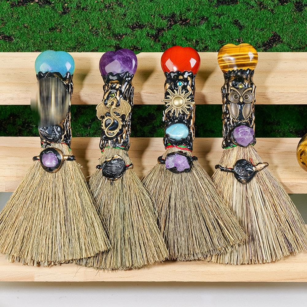 JHIALG Witch Broom Crystal Witch Wiccan Altar Broom, Halloween Hanging Props Cosplay Broomstick, Handmade Reiki Broomstick for Cleansing Healing Fengshui