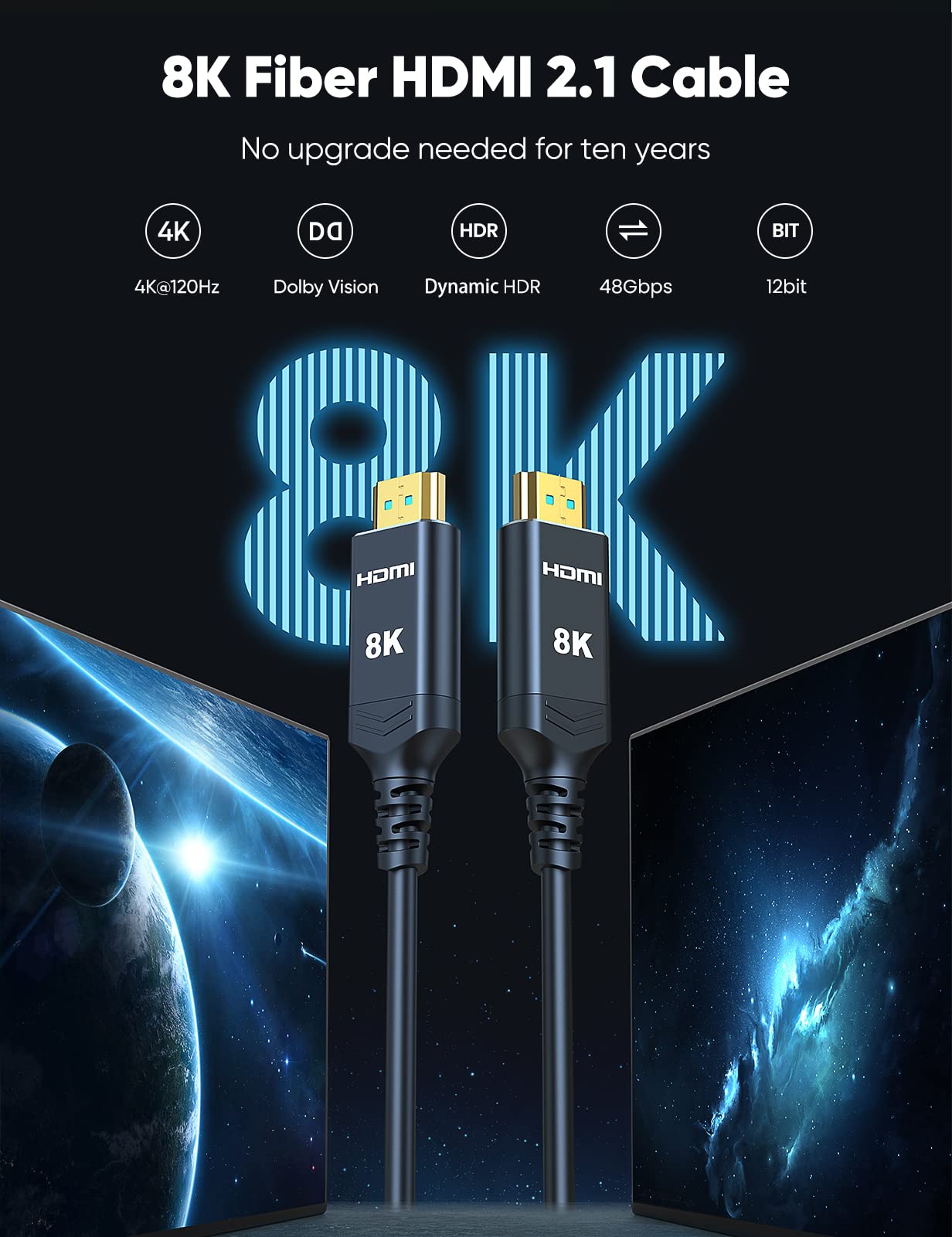 Highwings 8K 4K 120HZ HDMI Cable 50FT Fiber Optic, in-Wall CL3 Rated Long HDMI 2.1 48Gbps Ultra High Speed [8K@60Hz] Dynamic HDR/eARC/HDCP 2.2&2.3/3D, Compatible for PS5 PS4 Desktop AMD NVIDIA HP