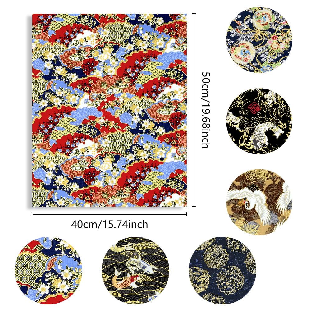 Japanese Fabric,Asian Fabric Squares 6 PCS,6 Different Black Japanese Wrapping Cloth Fish Floral Red Crowned Crane Patterned Fabric Bundles 19.6 x 15.8 Inch for Sewing Furoshiki Wrapping Artcraft DIY