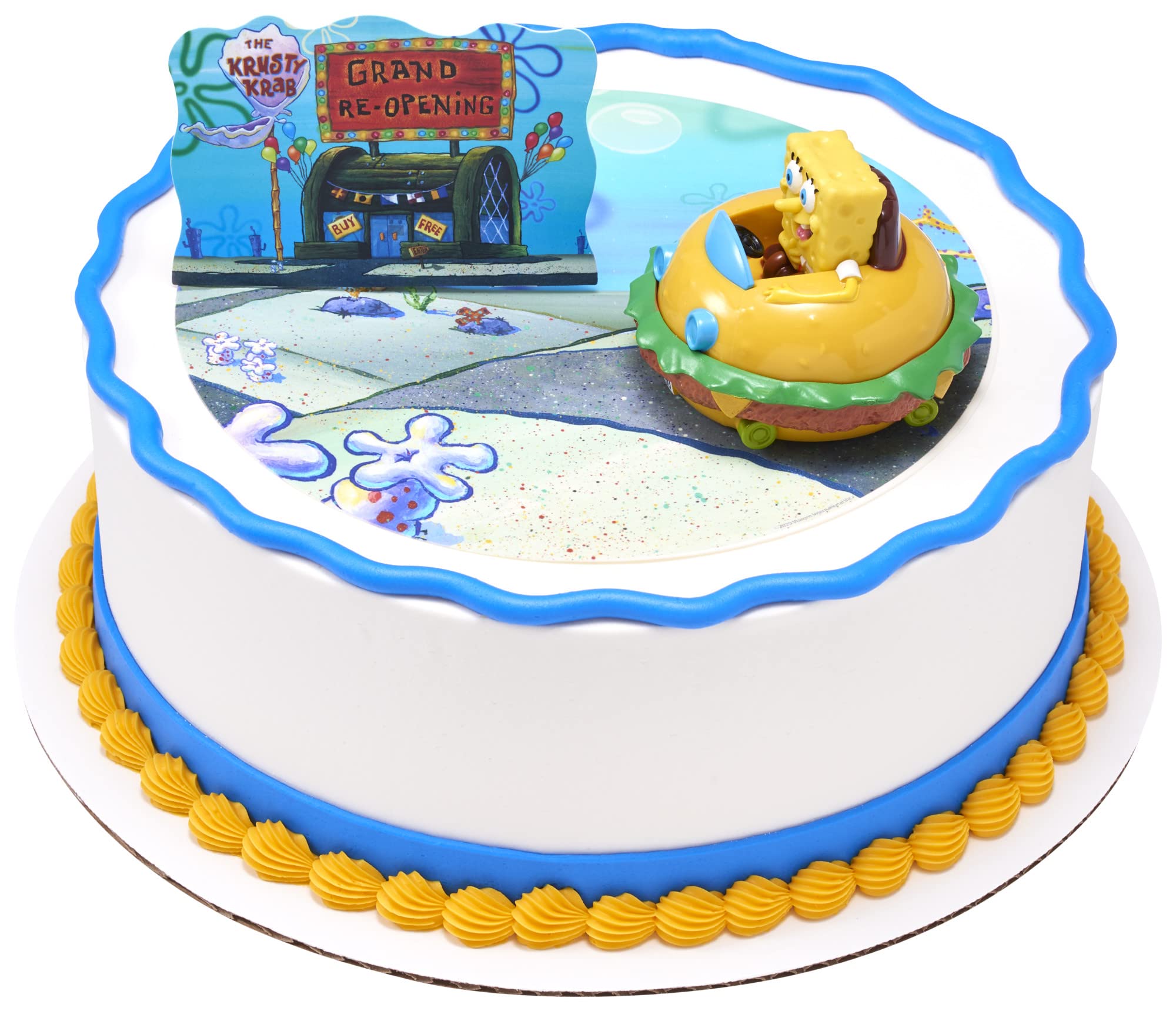 DecoSet® SpongeBob Square Pants Krabby Patty Cake Topper, 2-Piece Birthday Party Set with Rolling Car Figure for Fun After the Party, 3"H x 4.25"W