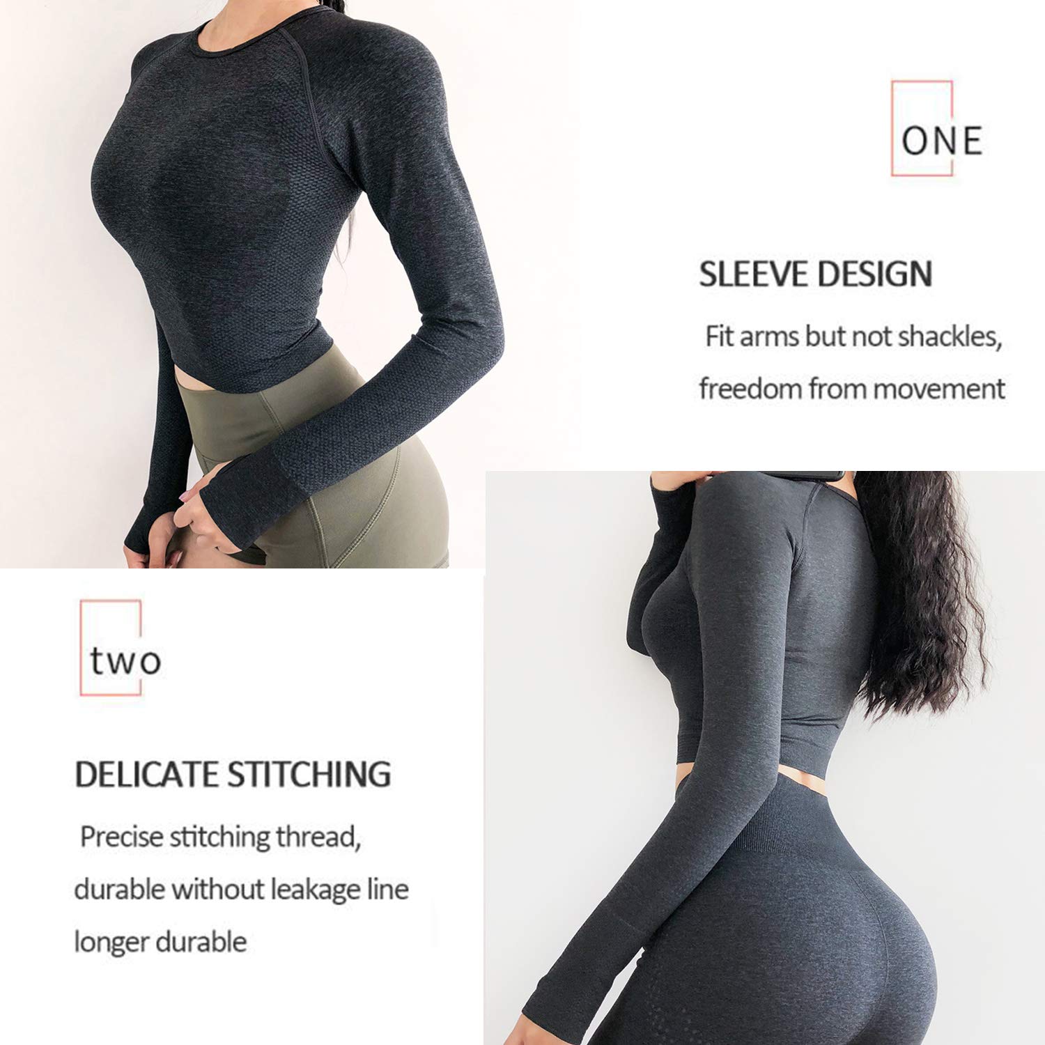 FITTOO Women's Seamless Crop Long Sleeves Workout Tops Gym Shirts Fitness Activewear Black S