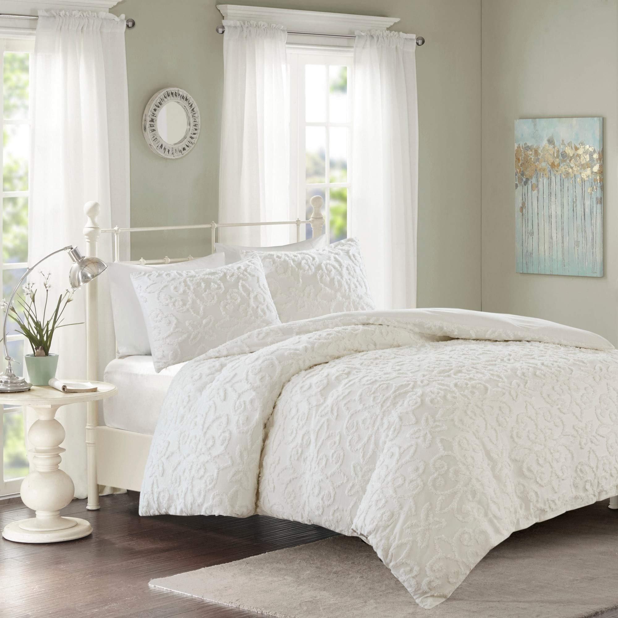 MISC White Chenille Duvet Cover Full Queen Set Tufted Bedding Floral Medallion Chenile Cotton Farmhouse Pretty Shabby Chic Country Charm, 3 Piece