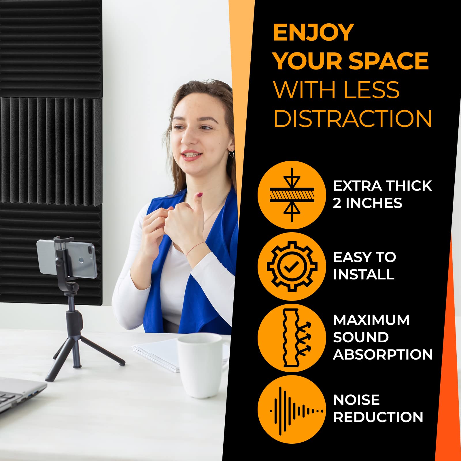 DECOLURE 12 Pack Acoustic Panels - Extra Thick 2" x 12" x 12" Acoustic Foam Sound Insulation - High Density Sound Absorbing/Dampening Panels Foam for Wall Home, Studio and Office - Fire Proof (Black)