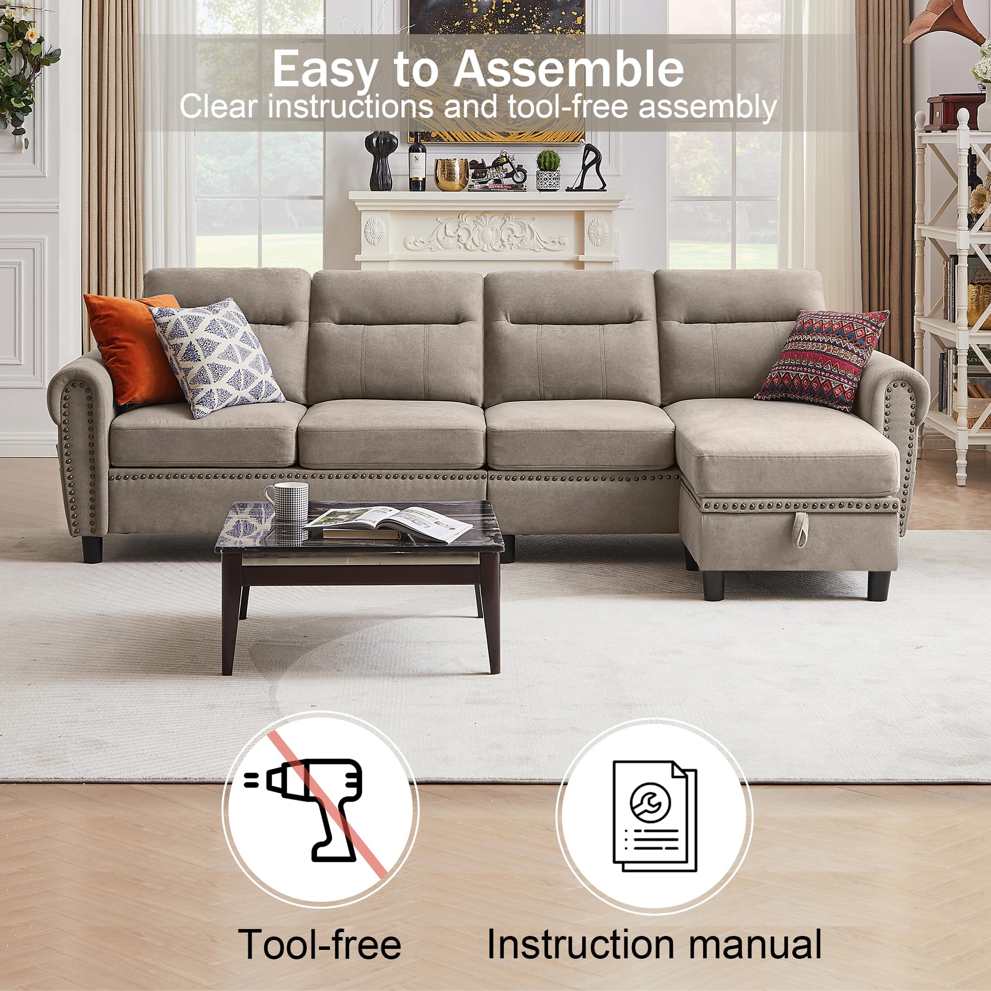 Jarenie 107" Convertible Sectional Sofa, 4-Seat L Shaped Couch with Storage Chaise Lounge and Side Pocket, Modern Linen Fabric Sectional Couches for Living Room(Light Grey)