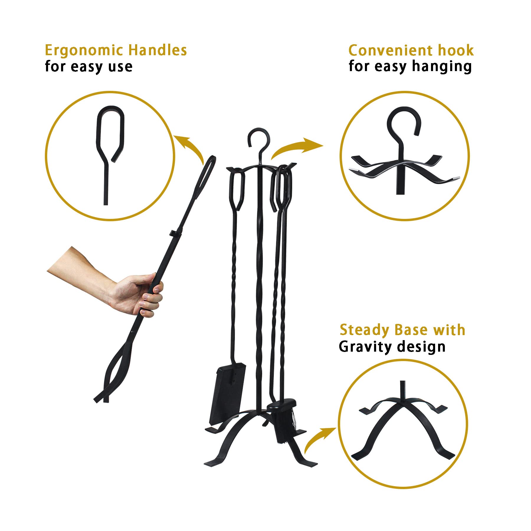 yinat Fireplace Tools Set, 5 Pieces of Fire Pit Tools,Firewood Holder Tools Kit Sets with Handles,Outdoor Accessories Kit,Black,Wrought Iron