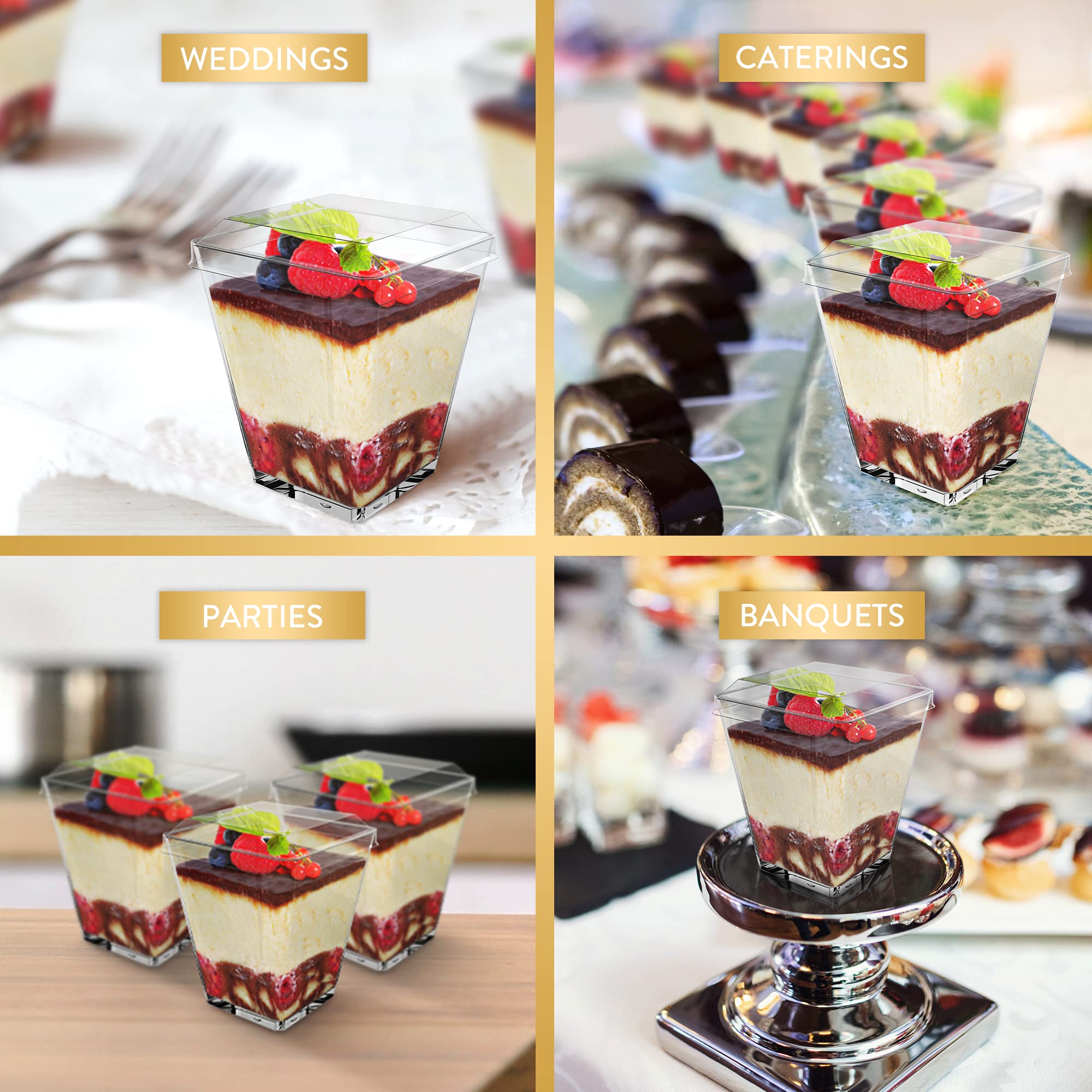 Mini Dessert Cups with Lids and Spoons (100 PACK) (Gold Spoons) - 5 oz Plastic Parfait Cups with Lids Reusable - Plastic Dessert Cups with Lids - Appetizer Cups - Clear Dessert Cups BPA Free Plastic