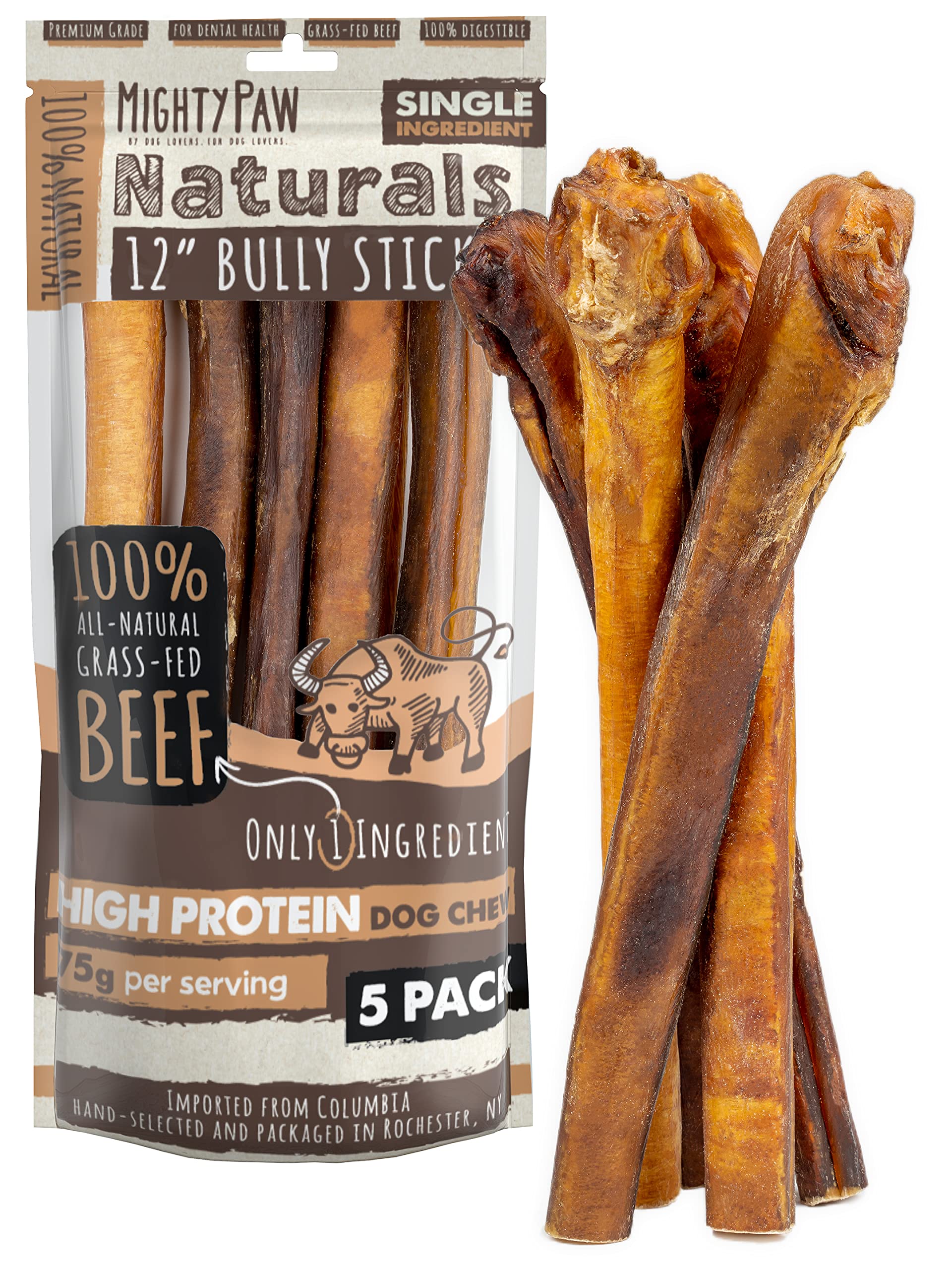 Mighty Paw Naturals Bully Sticks - All-Natural Protein-Rich Dog Chews from Grass-Fed Beef. Single-Ingredient Pet Treat for Dental Health. Keeps Chewers Busy - Bully Stick - Dental Chew Dog - Dog Stick