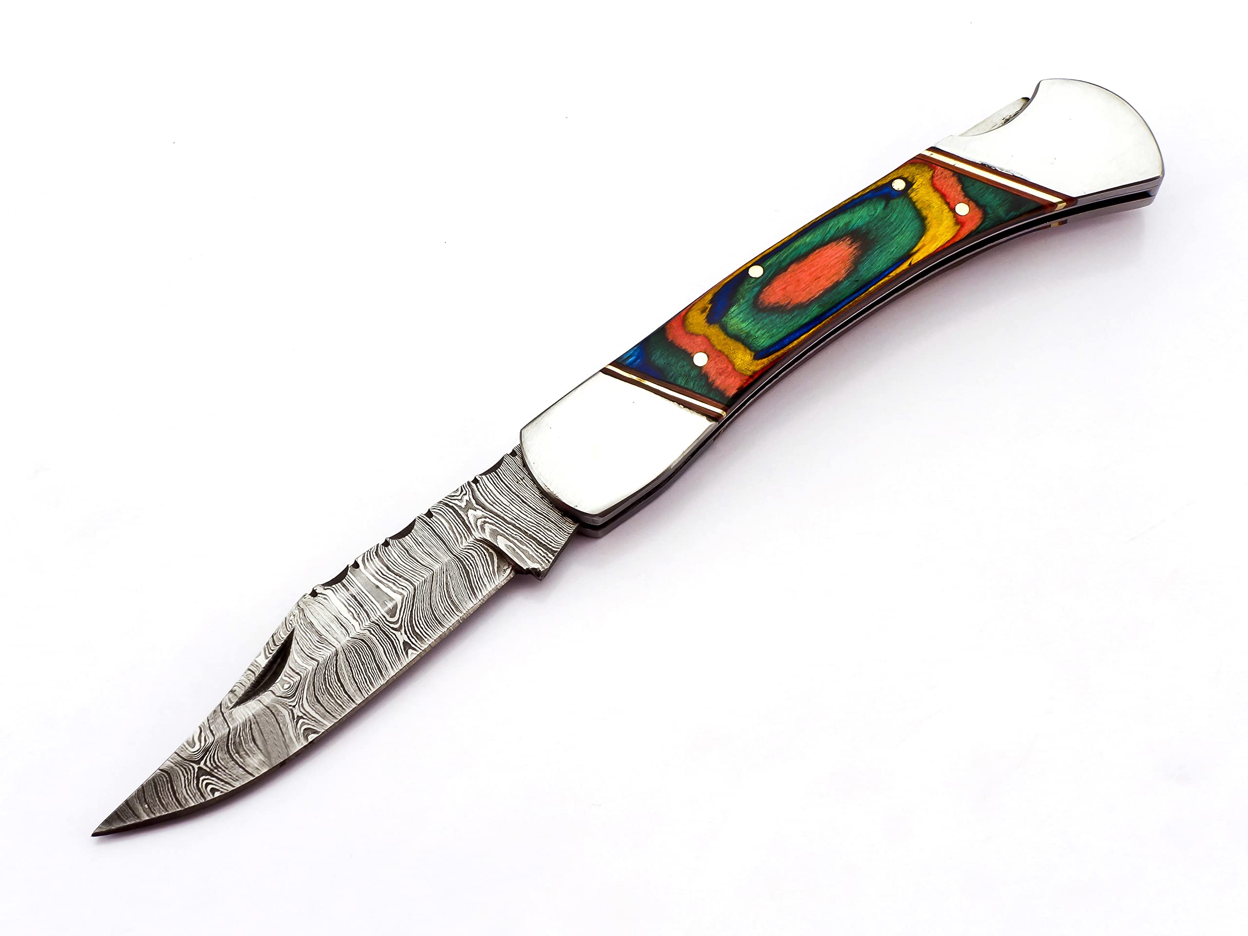 Generic Custom Hand Made Damascus Steel Hunting Folding Knife Handle Multi Color Pocket Knife with Back Lock (Multi Color) 9.00 INCHES LONG