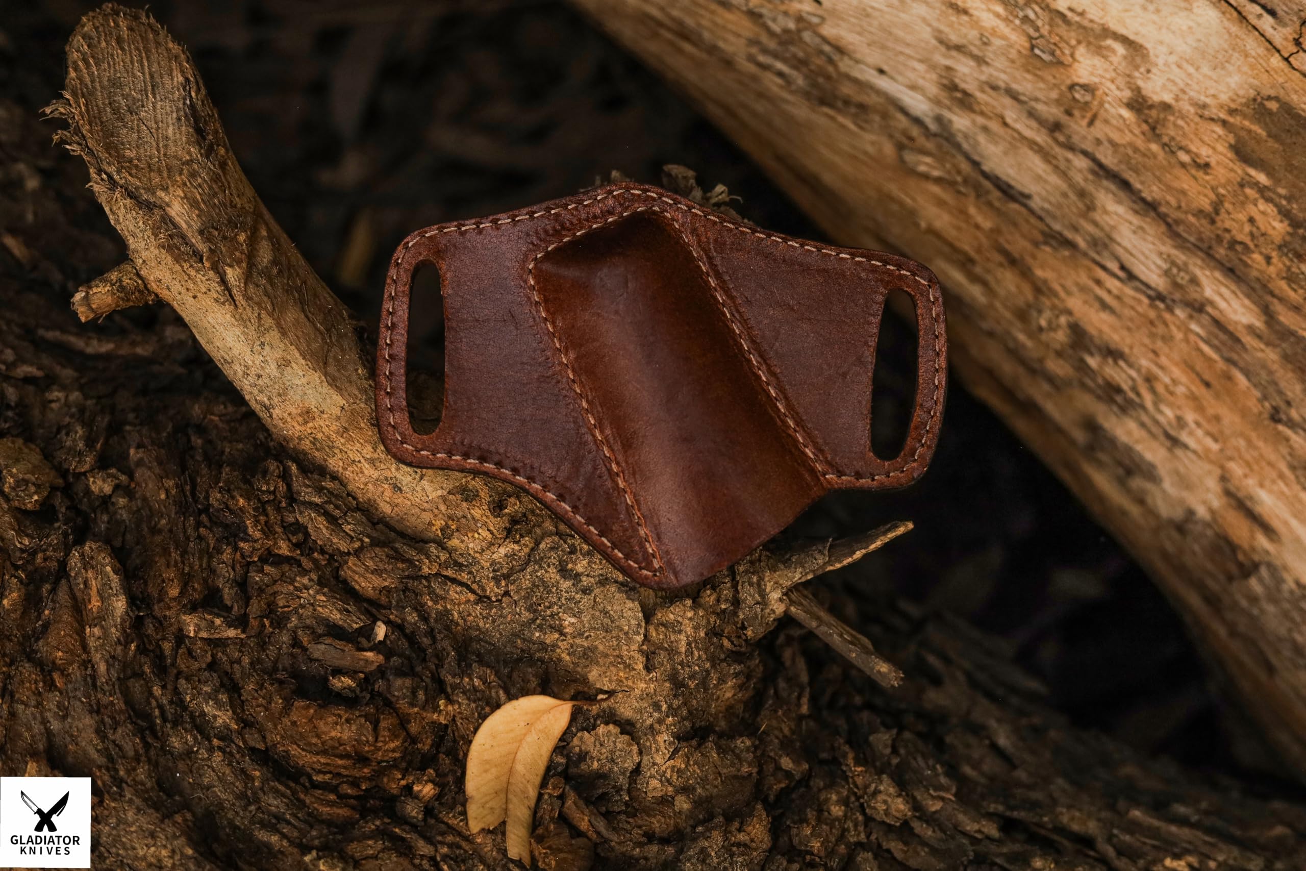 Handmade Leather Sheath for Pocket Knives, Slanted Pancake/Tooled/Belt/Trapper Style, TAN, 100% Real Leather (Brown)