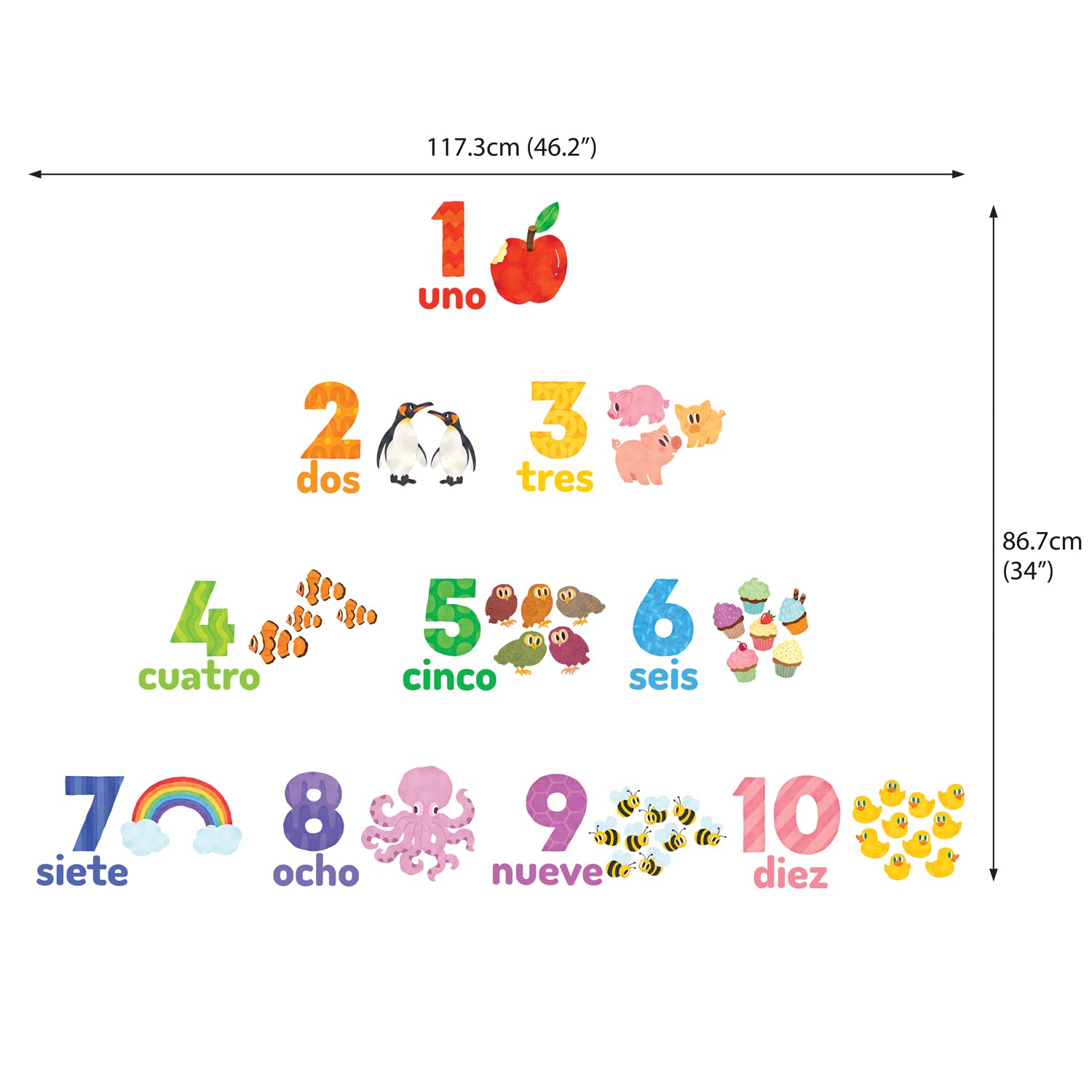 DECOWALL DS-2020ES Numbers Spanish + English Wall Decals Stickers Peel and Stick Removable Wall Stickers for Kids Nursery Bedroom Living Room