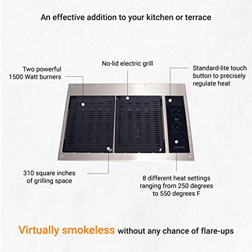 Kenyon Texan No-Lid Electric Grill, Stainless Steel Grill With Two Burners And Non-Stick Coating, Quick Heat Up, Standard Lite-Touch Control, UL-Approved For Indoor And Outdoor Use, 240V