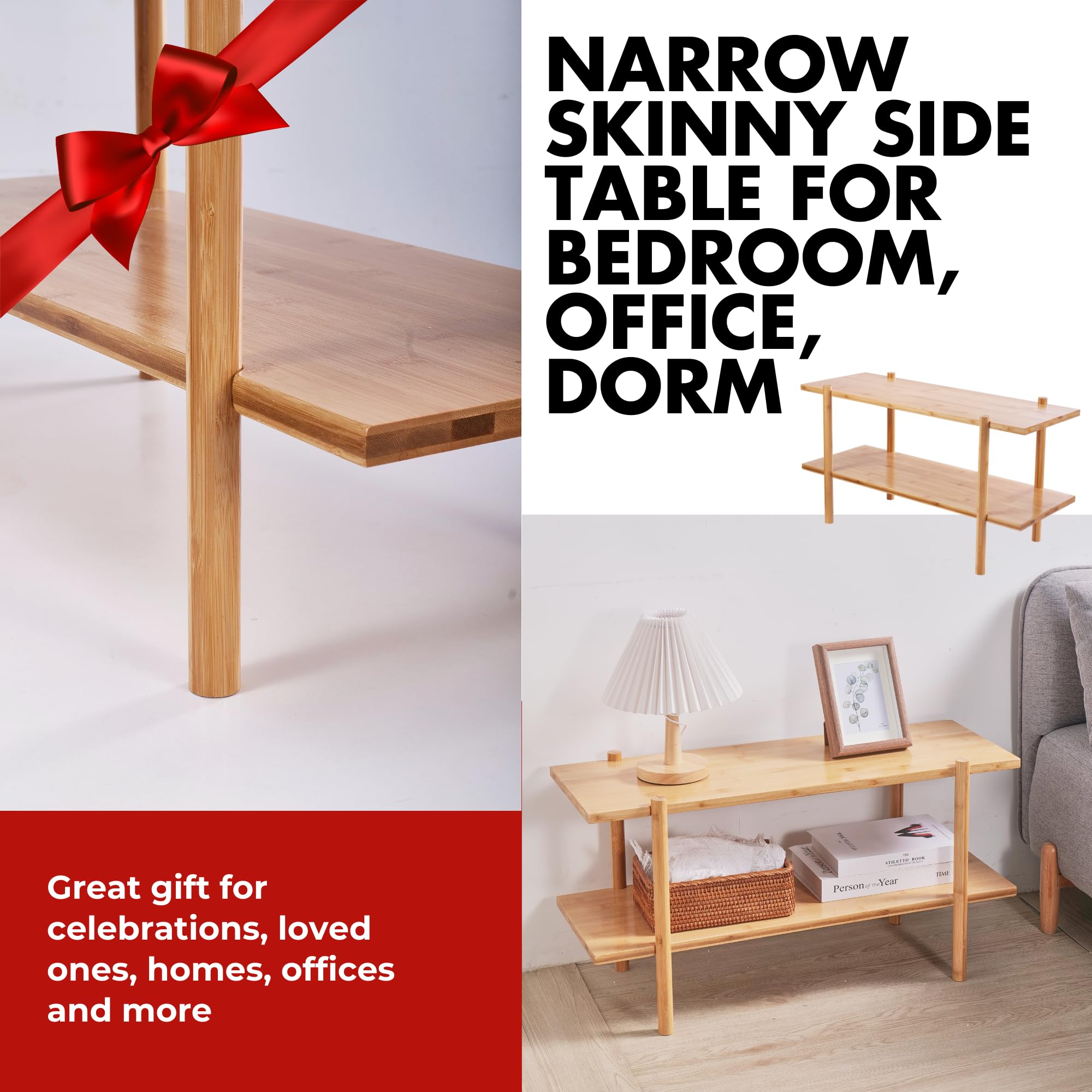 Neat Nest 2 Tier Narrow Side Table - Bamboo Narrow Nightstand with Storage Shelf - 30 Inches Wide - Slim Nightstand for Living Room, Bedroom Study and Balcony