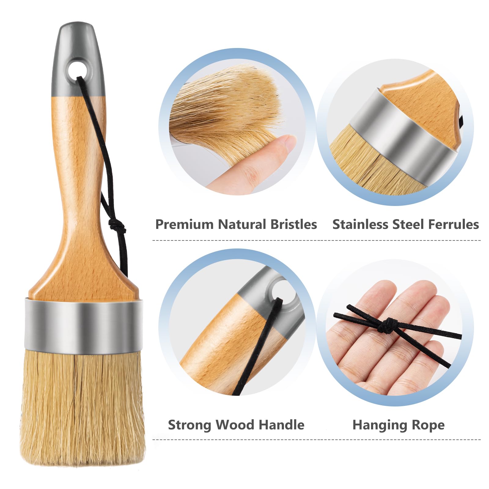 Mister Rui Chalk Paint Brush, Wax Paint Brush Set 3 Pack, Round Paint Brushes Use with All Paints, Natural Bristle Brushes for Painting or Waxing, Home Decor, DIY Art Crafts