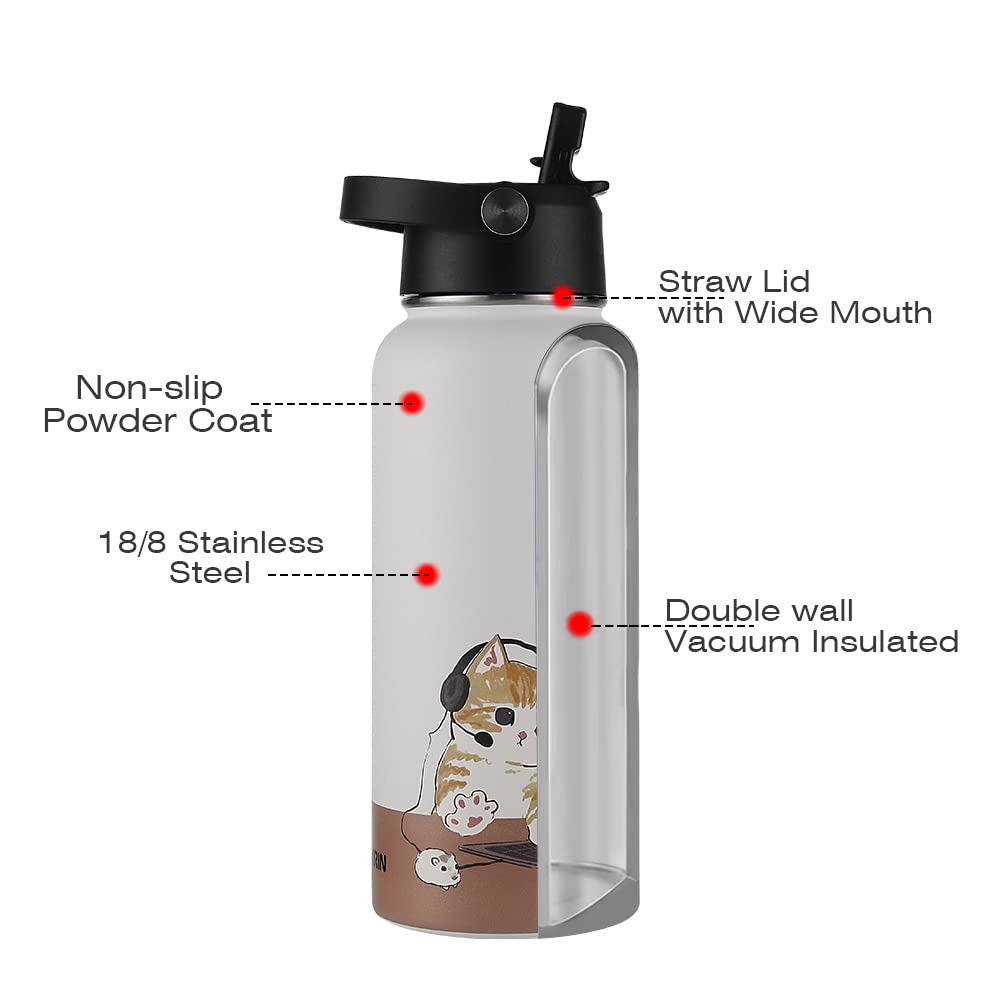 Funkrin Insulated Water Bottle with Straw Lid & Spout Lid, 32oz Personalized Vacuum Stainless Steel Travel Mug, Leak Proof Double Walled Thermos for Hot & Cold Beverages