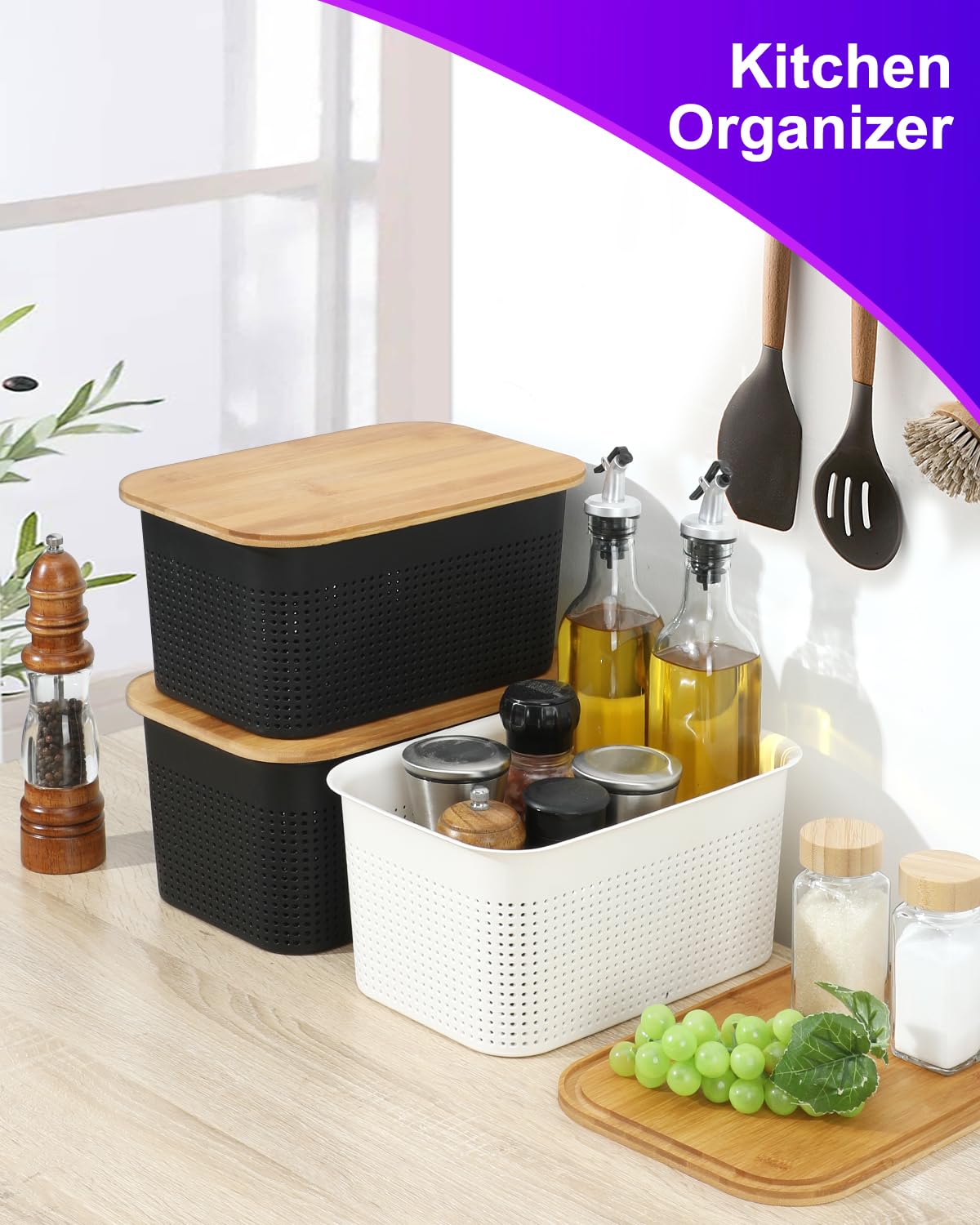 NEATJELAI Storage Bins With Lids 6 Packs Plastic Storage Containers With Bamboo Lids Stackable Storage Baskets for Organizing Desktop Closet Playroom Classroom Office,Black,10.8" L x 7.3" W x 5.1" H