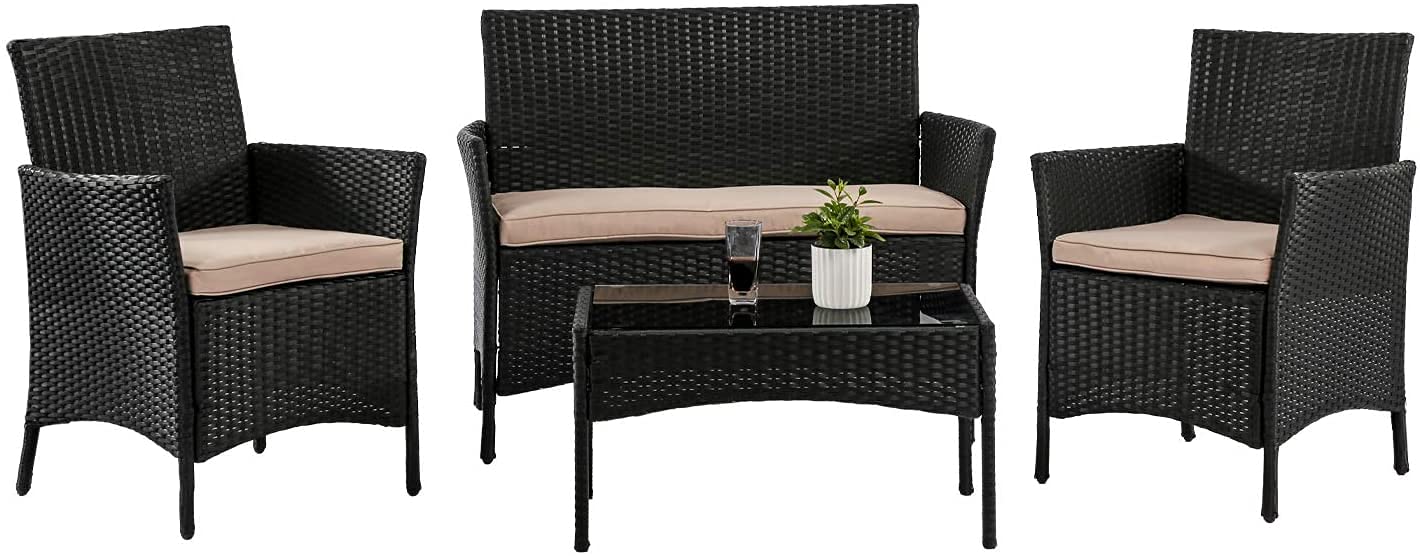 Outdoor Patio Furniture Sets 4 Pieces Patio Set Rattan Chair Wicker Sofa Conversation Set Patio Chair for Backyard Lawn Porch Poolside Balcony Garden Furniture Sets with Coffee Table (Black)