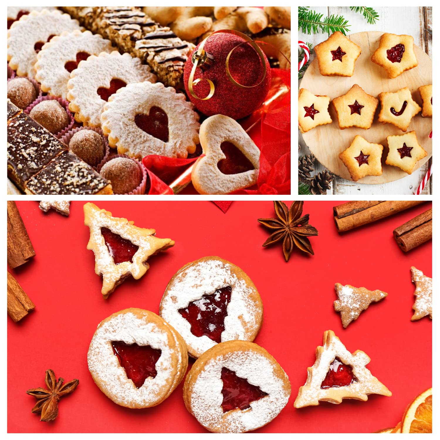 KAISHANE 9PCS Mini Linzer Cookie Cutter Set, Christmas Holiday Metal Cookie Cutters, Gingerbread Man, Christmas Tree, Bell, Heart Shape for Baking Sandwich Jam Cookies