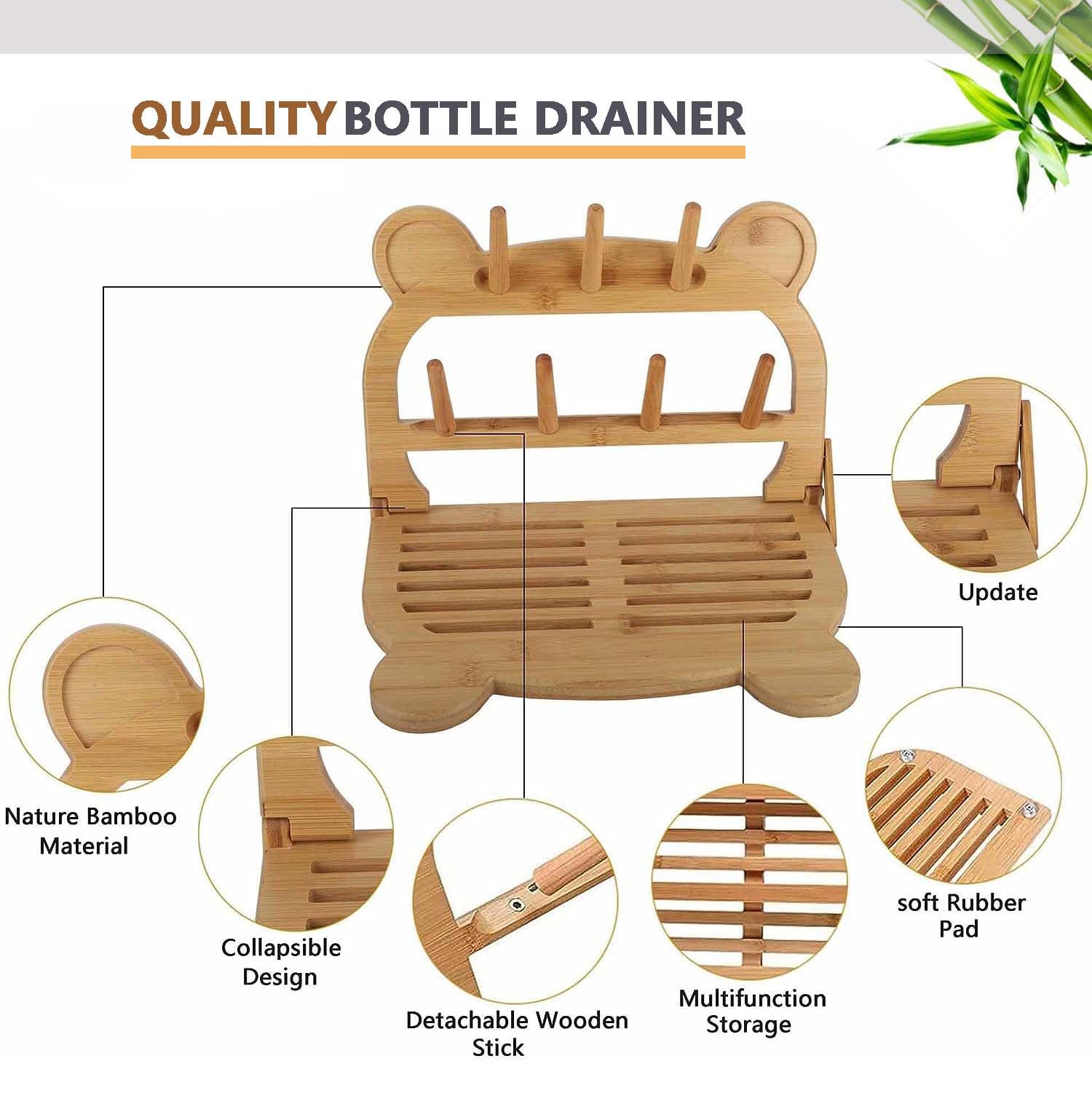 Eforwest Baby Bottle Drying Rack Bamboo, Space Saving Countertop Drying Rack Waterproof Bottle Dryer Holder with Anti-Slip Rubber Pad for Bottles, Nipples, Pump Parts, Cups