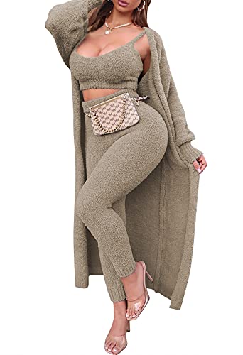 Fixmatti Fuzzy 3 Piece Legging Set for Women Open Front Cardigan Cropped Tops Long Pant Suit Khaki S