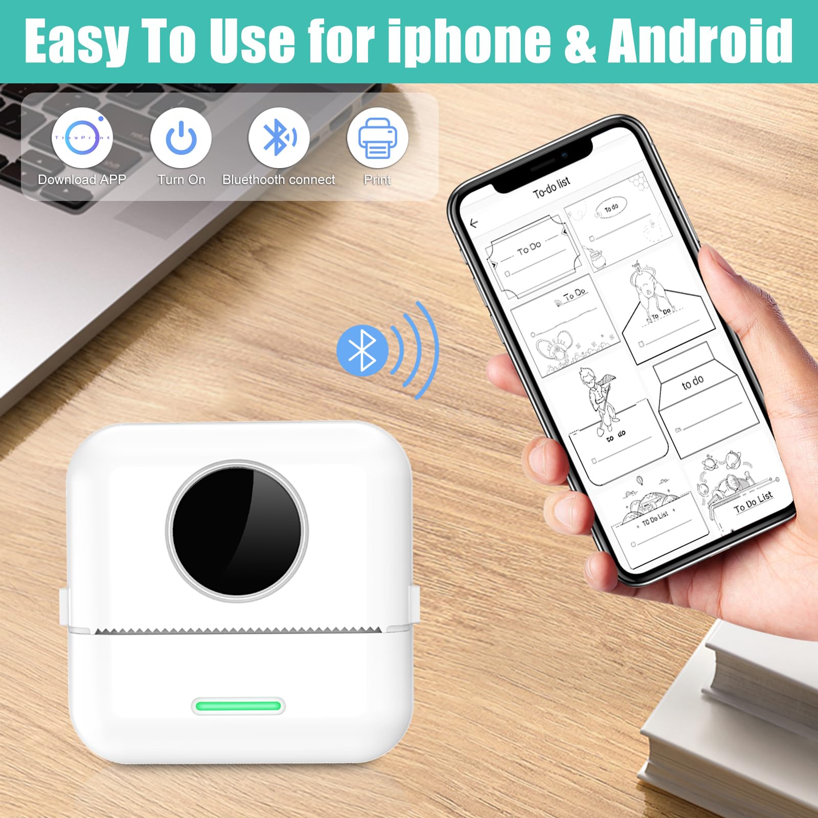 Mini Thermal Printer, Portable Inkless Photo Printer with 8 Rolls Continuous Paper, Pocket Printer Sticker Maker for Study Notes, Labels, Journal, USB Rechargable Mini Printer for iOS Android