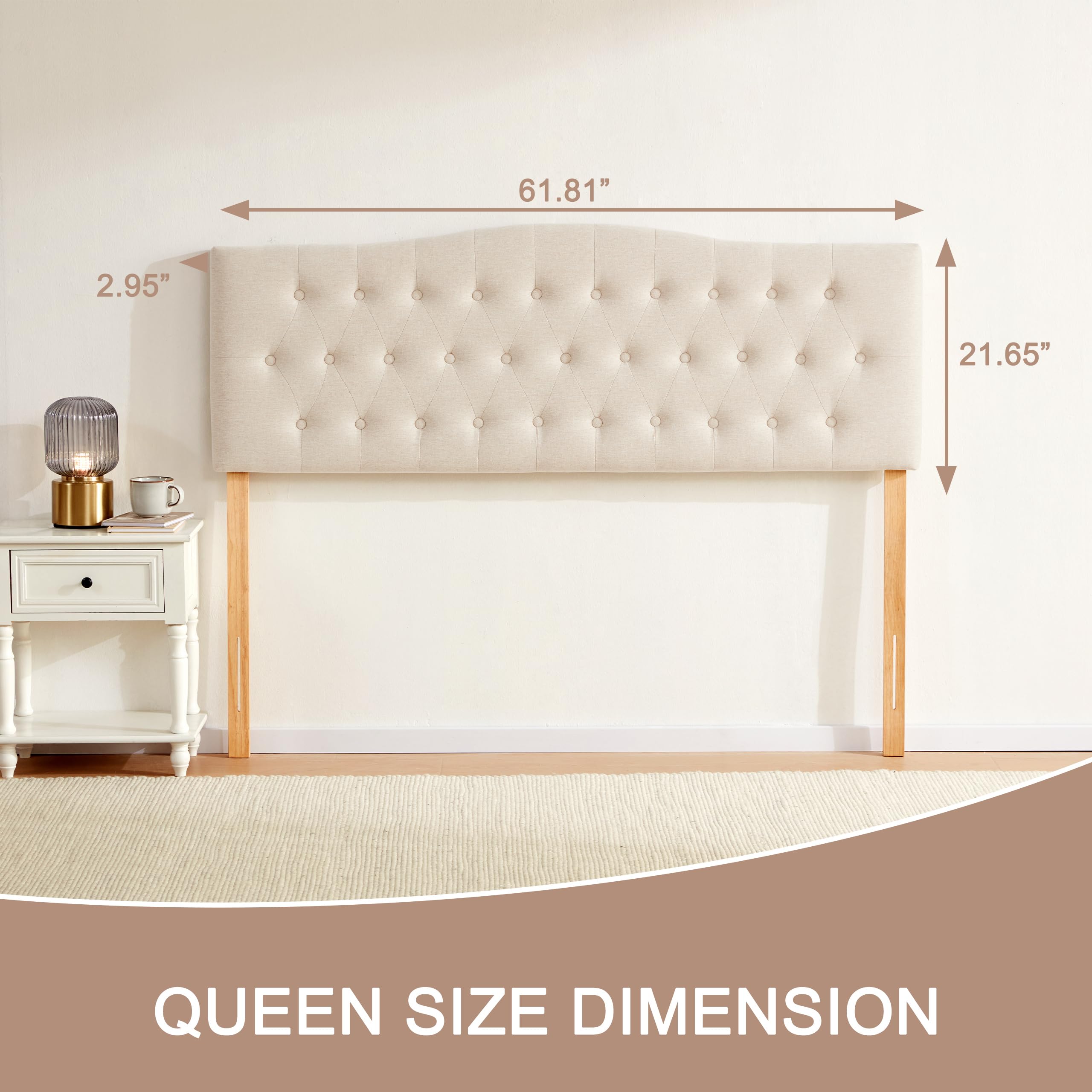 Huatean Home Tufted Upholstered Headboard Queen Size, Sturdy and Durable Solid Wood Bed headboard, Fabric Headboard Adjustable Height from 37β to 51β, Modern Button Diamond Design Head Board, Beige