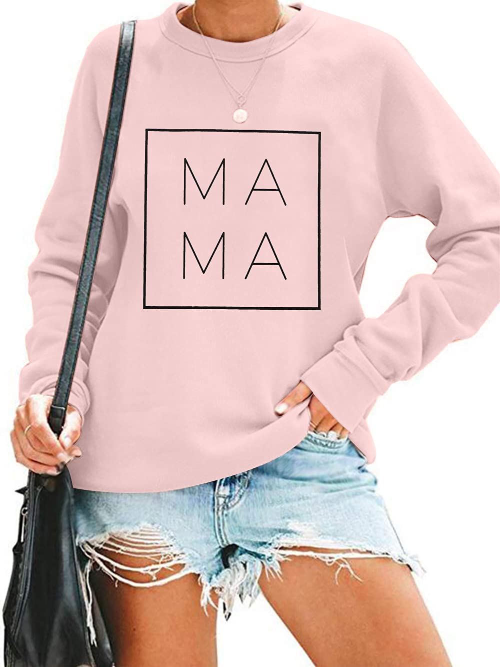 EGELEXY Mama Sweatshirt Women Funny Letter Print Mom Life Blouse Tops Casual Long Sleeve Pullover Tees Pink
