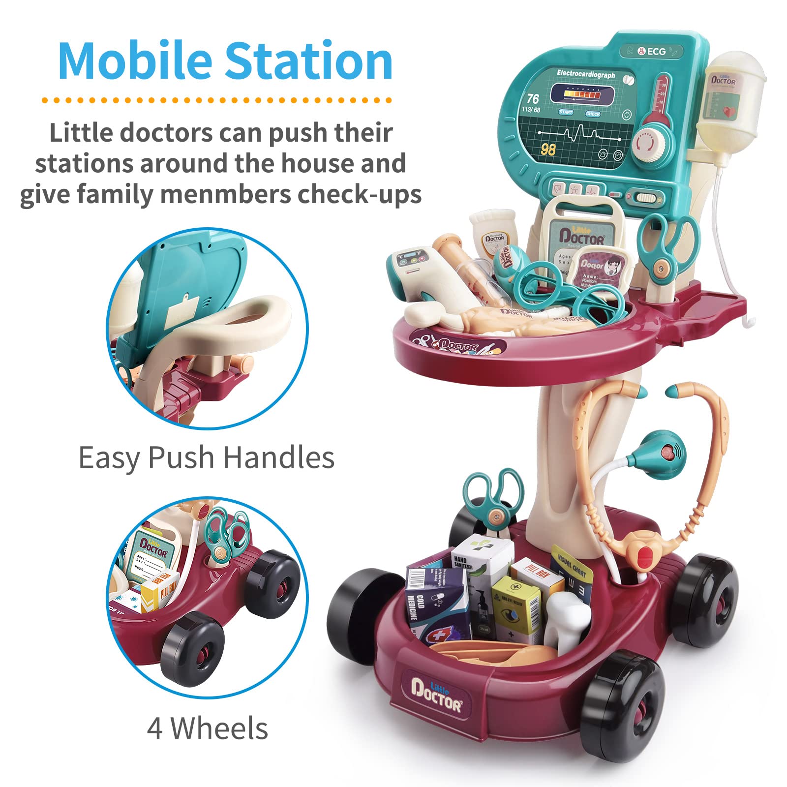Deejoy Toy Doctor Kit for Kids,Doctor Role Play Costume,Medical Bag,Eye Chart,Thermometer,Stethoscope,Pulse Machine,24 Piece Pretend Medical Station Set for Boys & Girls ,Great Gift for Toddler