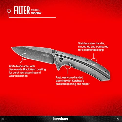 Kershaw Filter Pocket Knife, 3.25β Steel Blade with Assisted Opening, Stainless Steel Handle with Deep-Carry Reversible Pocketclip, Small Folding Knife