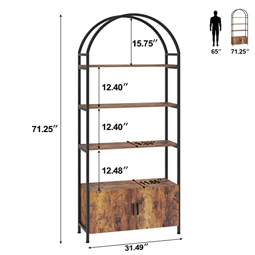 Jehiatek Arched Bookshelf, Bookcase with Doors Storage, 71 Inches Tall Industrial Book Shelf with Sturdy Metal Frame, E1 Quality Boards, Freestanding Display Shelving Unit, Black and Rustic