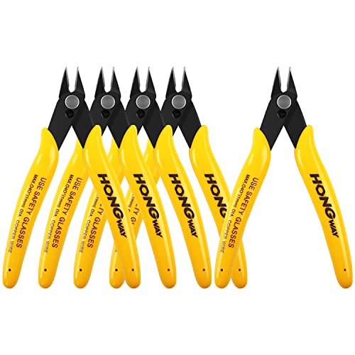 HongWay 5pcs Micro Flush Cutters, Wire Cutter with Internal Spring, Diagonal Cutters for Electronics, Heating Wire, Model Sprue, Soft Copper Wire Snips, 5 inches, Yellow