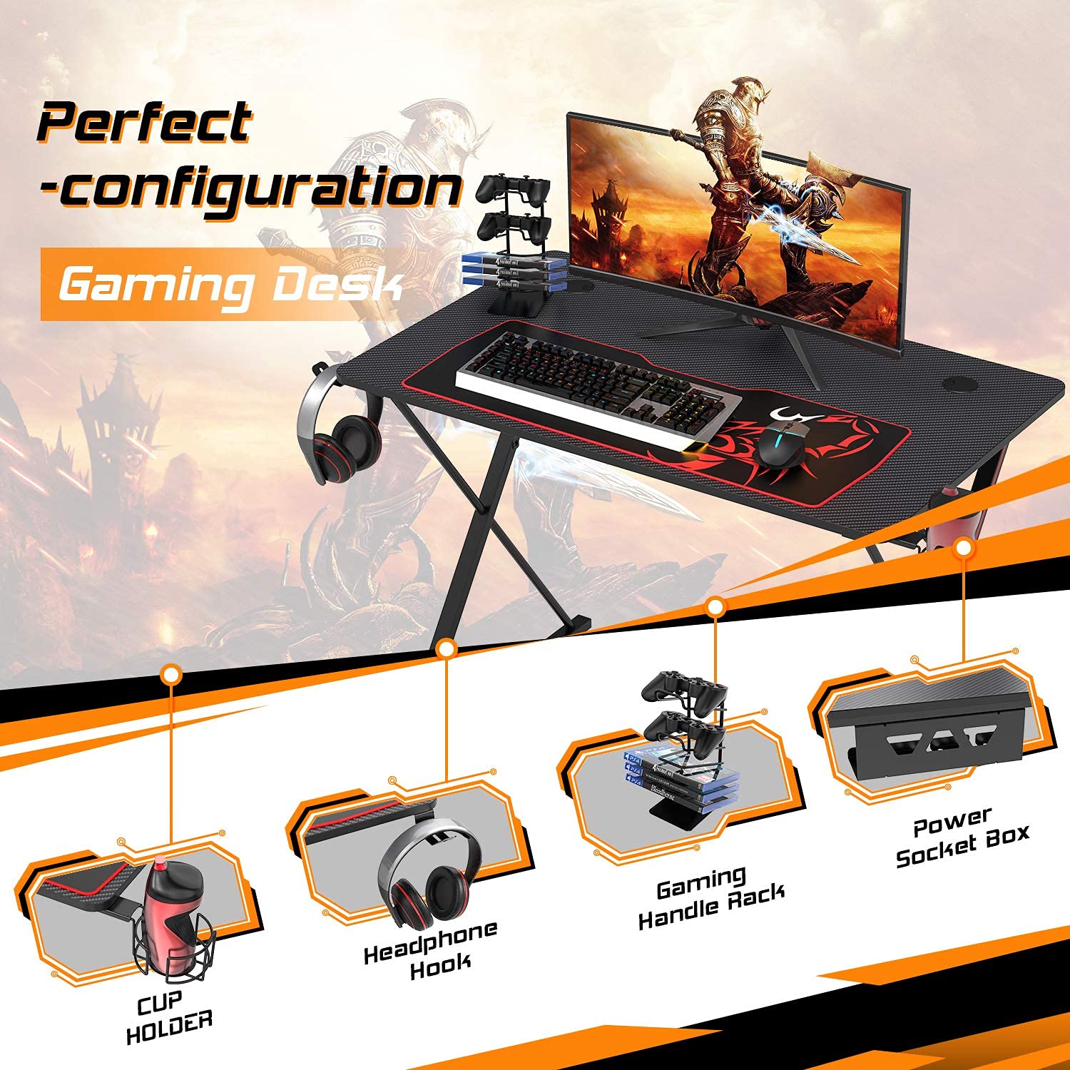 DESIGNA 39'' Gaming Desk, X-Shape Computer Desk with Free Mouse pad, Cup Holder& Headphone Hook & Controller Stand, Gamer Workstation for Home Office, Black