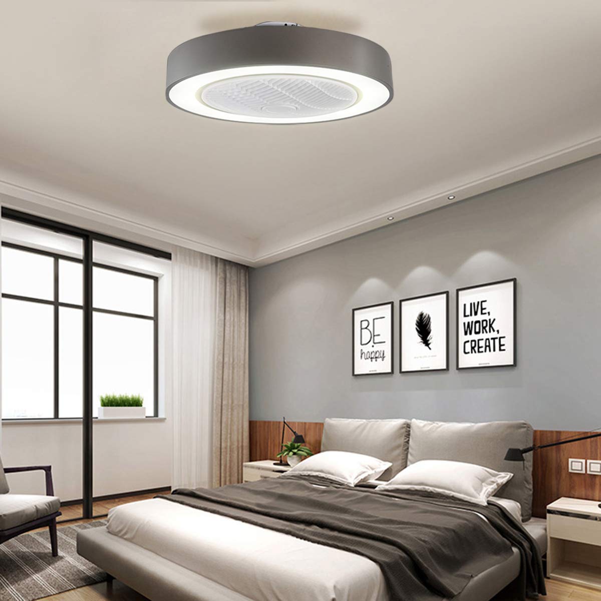 DMXM Ceiling Fan with Light, 20 inches LED Remote Control 3-Color Lighting Modes Invisible Acrylic Blades Metal Shell Semi Flush Mount Low Profile Fan Gray…