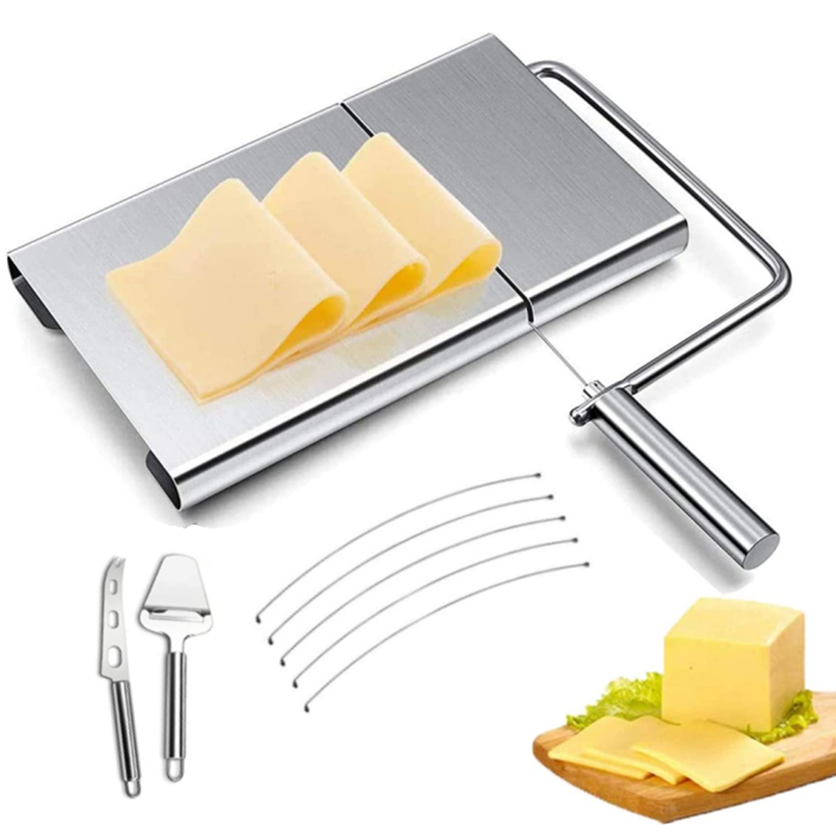 HANFAIRS Cheese Slicer, Cutter for Cheese , 5 Replacement Wires Inside & 1 Multi-Use Cheese Knife & 1 Cheese Planer
