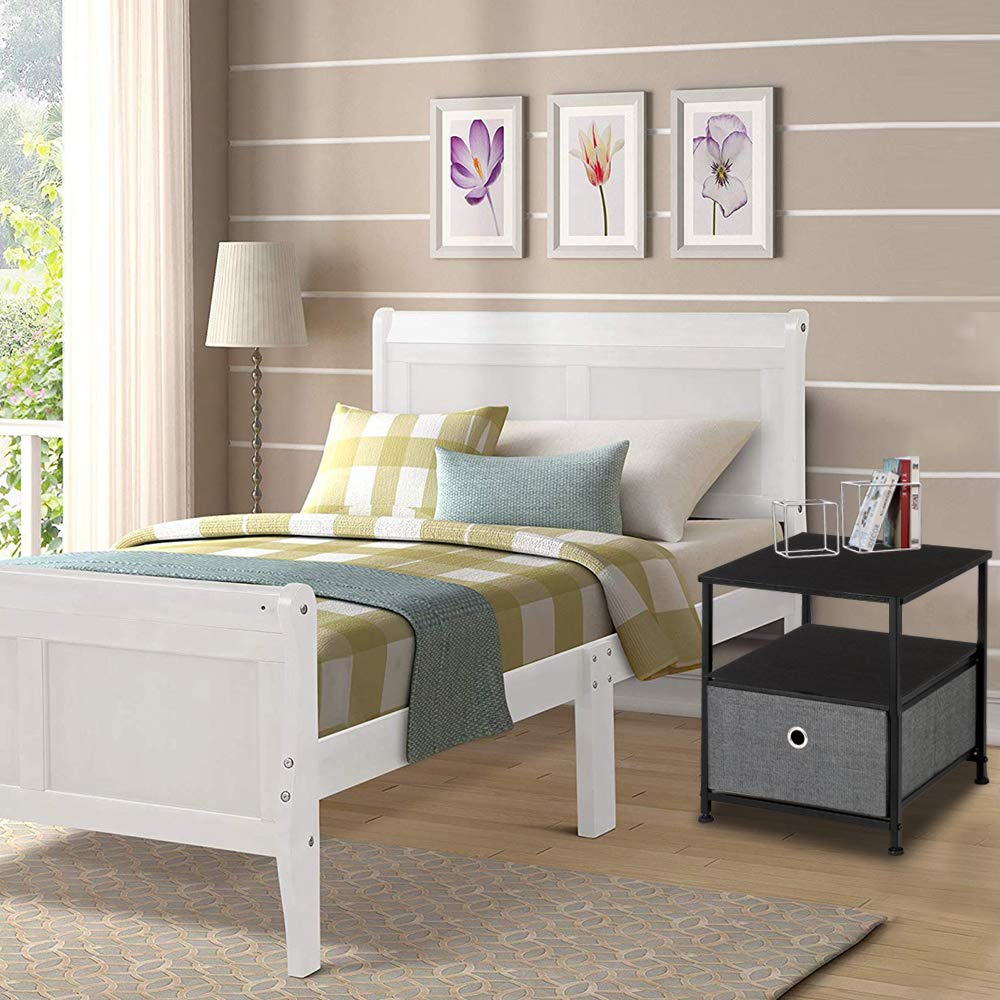 DESIGNSCAPE3D Nightstand with Drawer, Bedside Furniture & Accent End Table for Home, Bedroom, Office, College Dorm, Steel Frame, Wood Top, Easy Pull Fabric Bins, Grey