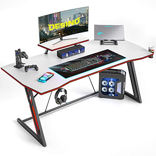 DESINO Gaming Desk 47 inch PC Computer Desk, Home Office Desk Gaming Table Z Shaped Gamer Workstation with Cup Holder and Headphone Hook, White