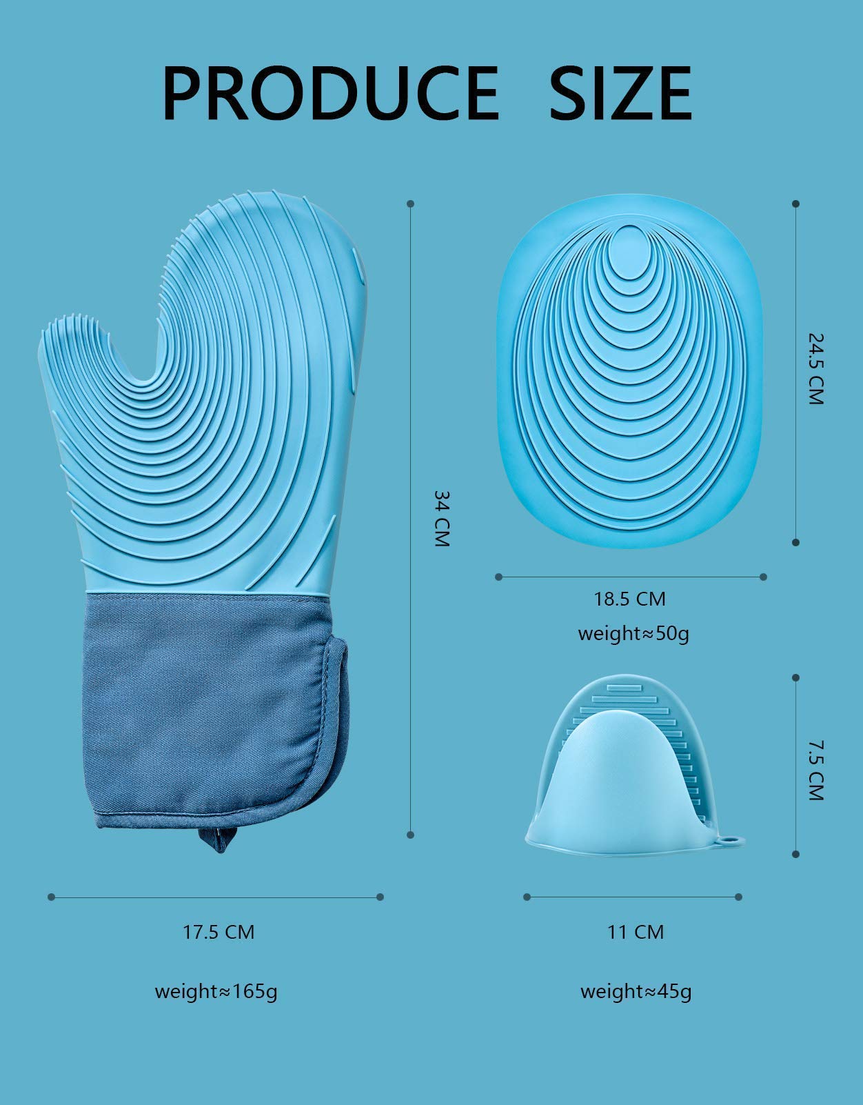 EUNA Silicone Oven Mitts, Heat Resistant Oven Mitts and Pot Holders Sets, Non-Slip Kitchen Mittens with Mini Oven Gloves and Hot Pads, Perfect for Baking Cooking, Quilted Liner, Gift Box, Blue & Azure
