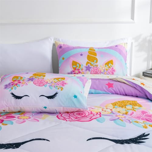 NTBED Unicorn Twin Comforter Set with Sheets,5 Pieces Kids Bedding Sets for Girls, Lightweight Microfiber Star Rainbow Bed in a Bag,Blue Purple