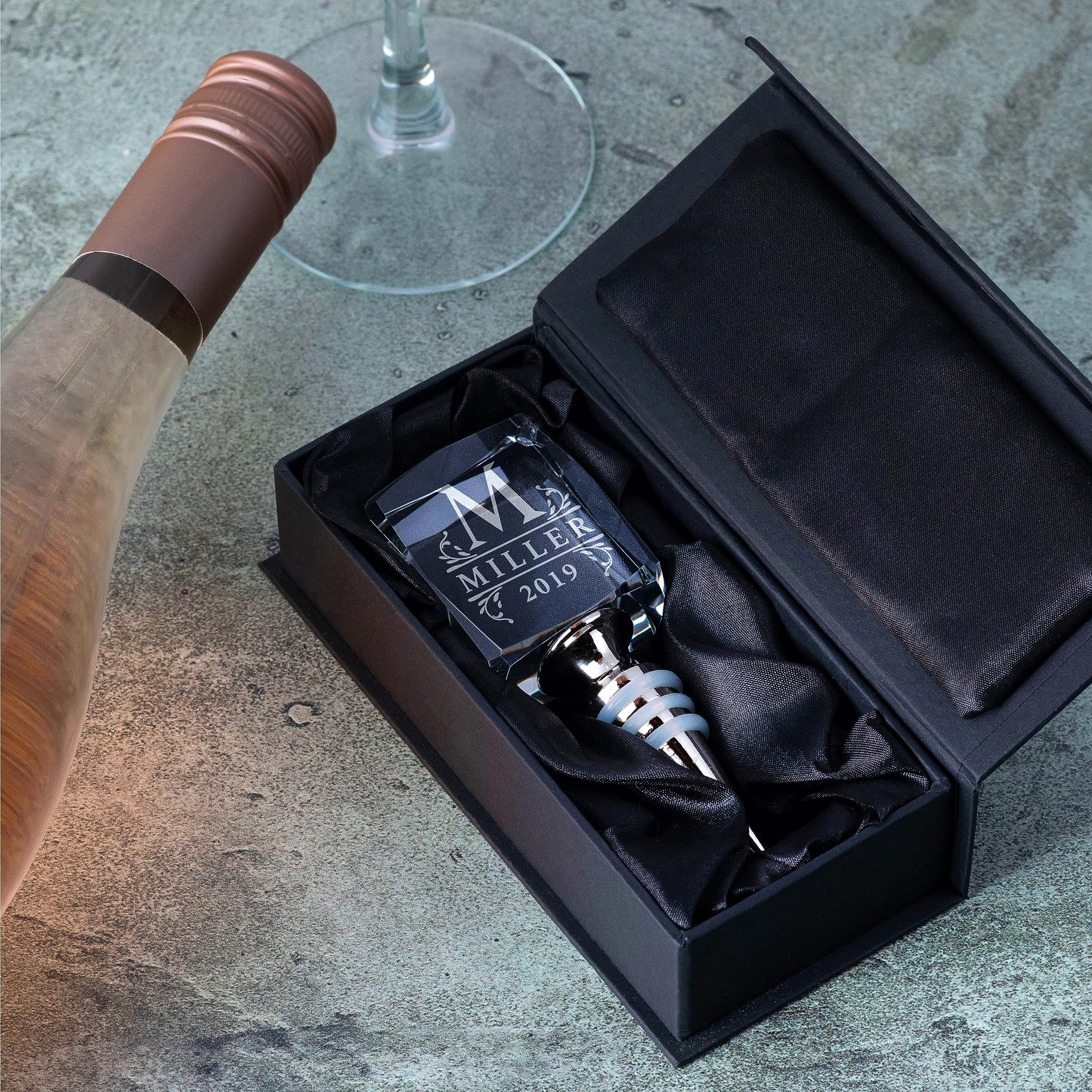 DEEP 3D Personalized Wine Stopper, Wedding Gift, Custom with Initial - Name - Date - 3D Crystal Bottle Stopper, Father Gifts (Crystal, Octagon)