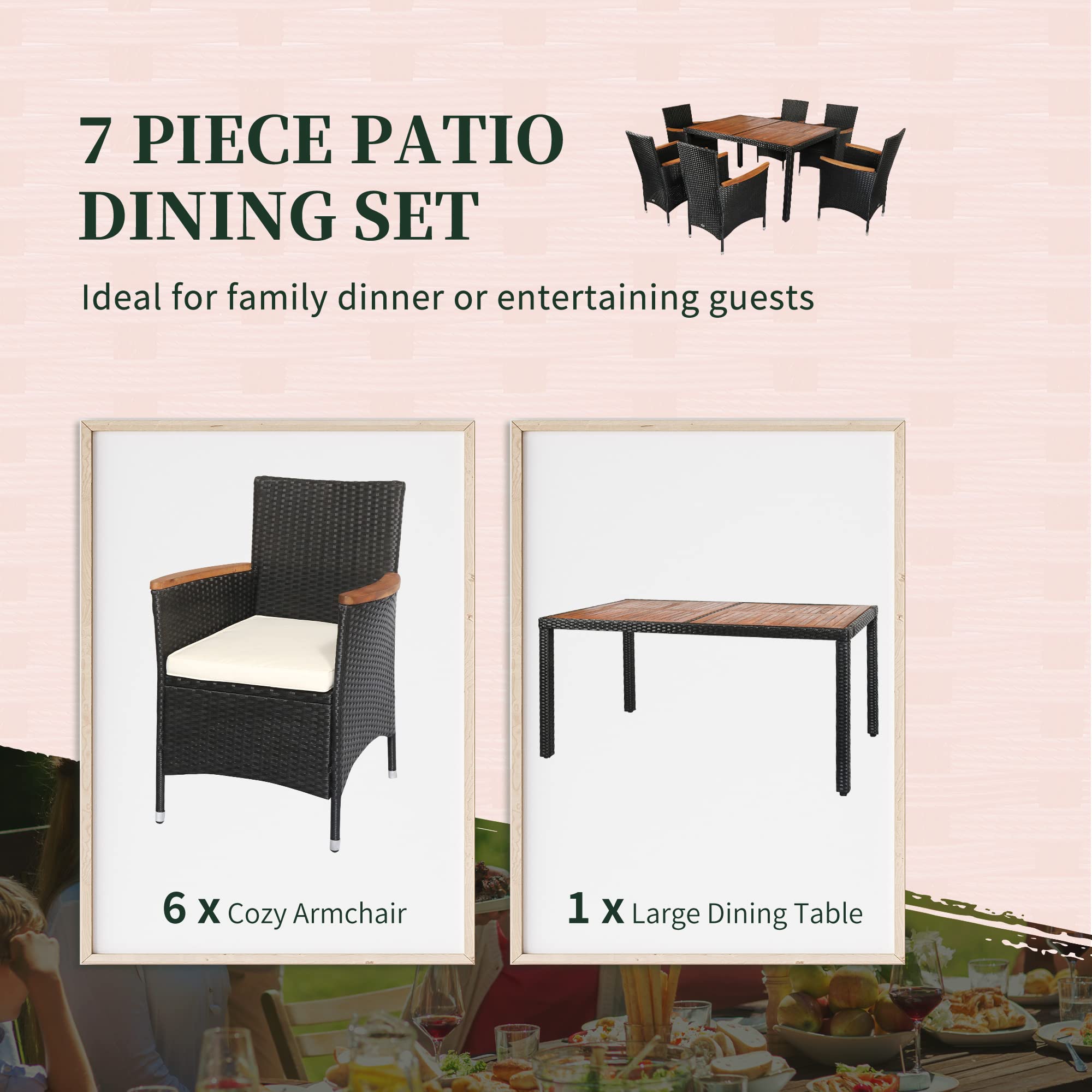 Outsunny 7 Pieces Outdoor Dining Set for 6, Wicker Rattan Patio Furniture Set, Patio Table and Chairs Set with Cushions, Acacia Wood Table Top, Conversation Set for Garden Backyard Deck, Cream White
