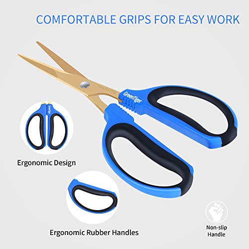 GreenTiger Garden Scissors, 65mm Extra-Long Blade, Golden Titanium Coating Pruning Shears, Sharp Precision-ground Stainless Steel Bonsai Shears, Suit for Garden and Home