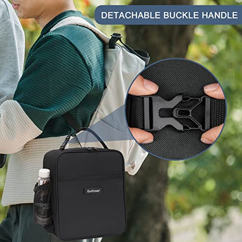 EurCross Insulated Rectangle Lunch Box with Carrying Strap, Portable Flat Mens Lunchbox for Work, 32% Larger than other Slim Small Lunch Bag, Reusable Mini Cooler Bag for Women Adult, Black