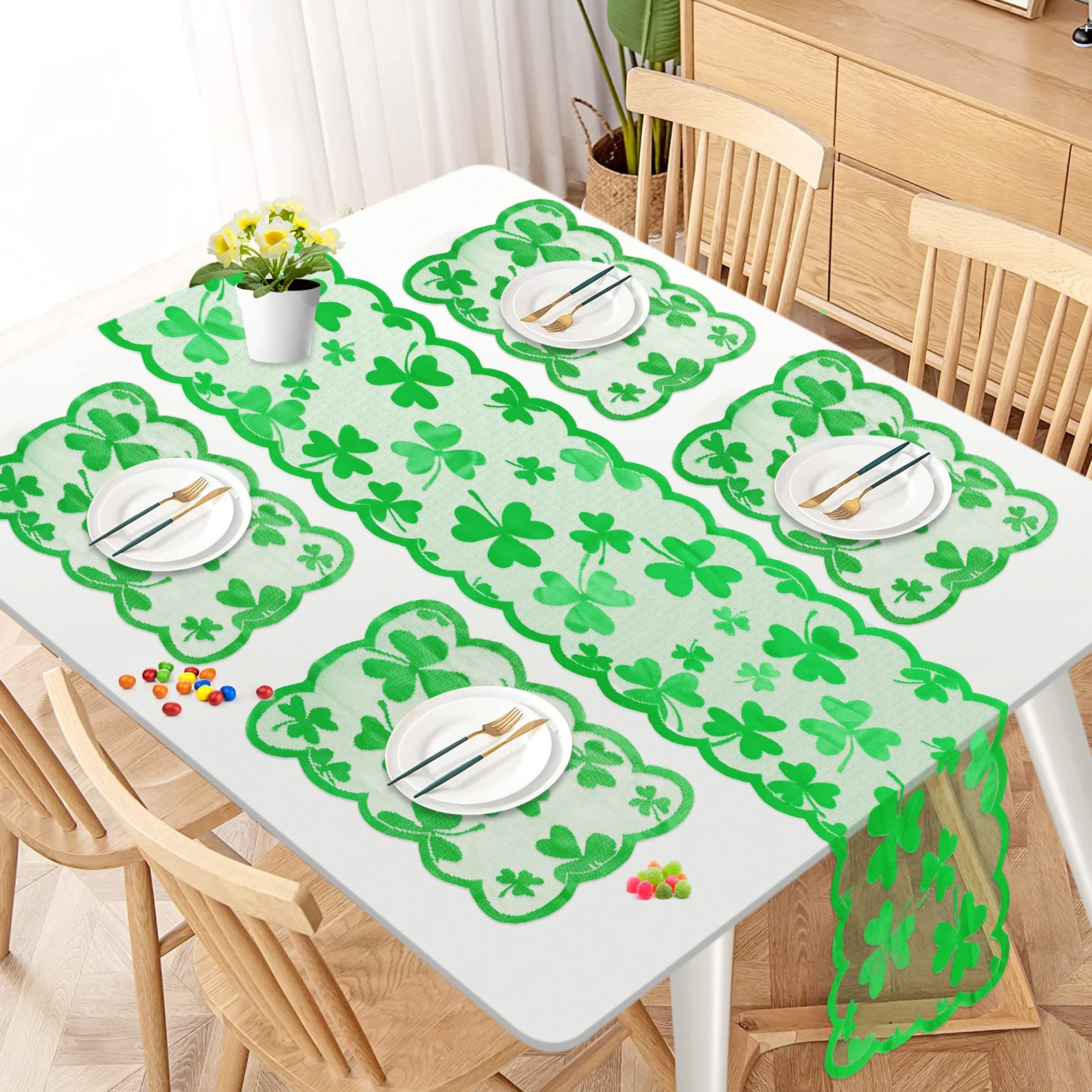 St. Patrick's Day Table Runner 11.8"x70.8",with 4 PCS Placemats,Green Clover Table Placemats for St Patricks Day Decorations,Spring Party Decoration,Decor Supplies