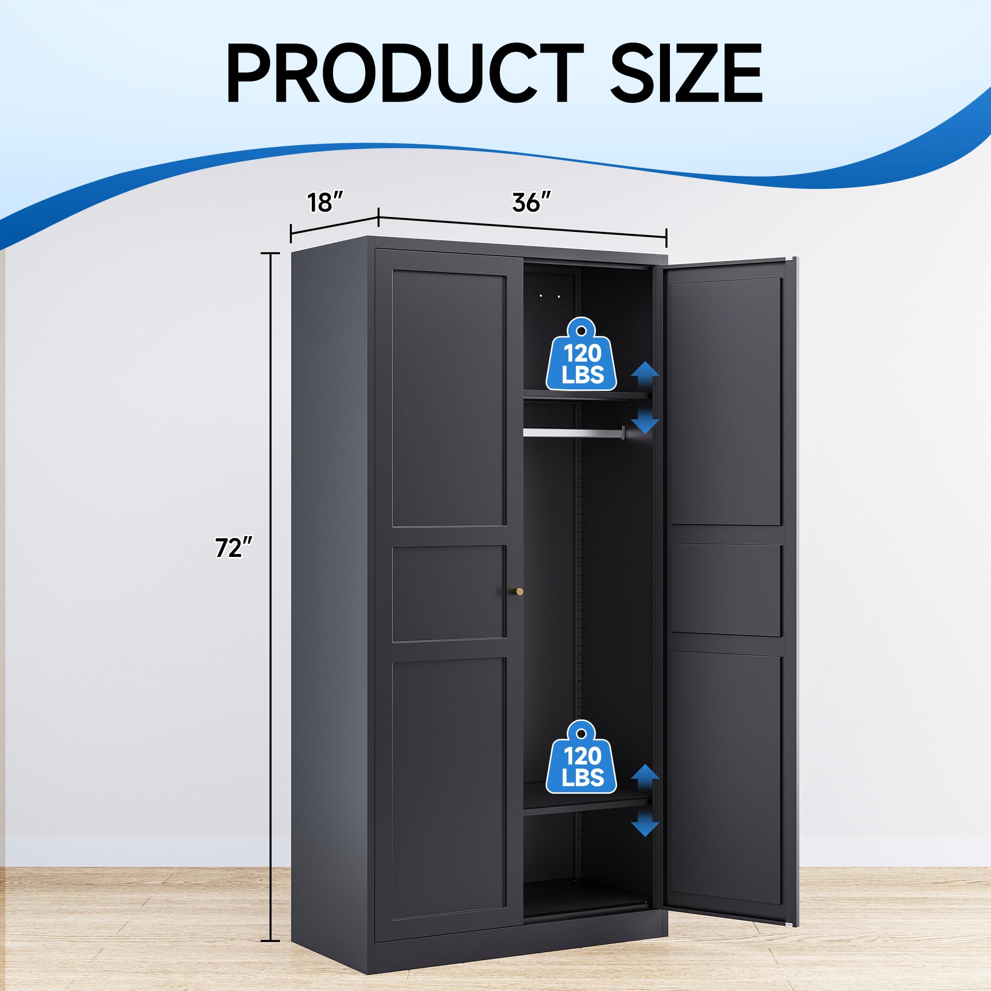 heycode Armoire Wardrobe Closet,72" Metal Clothing Storage Cabinets,with 2 Doors 2 Shelves Steel Wardrobe Storage,for Studio, Classroom, Garage, Gym Clothes Storage Organizer (Black, 72" H)