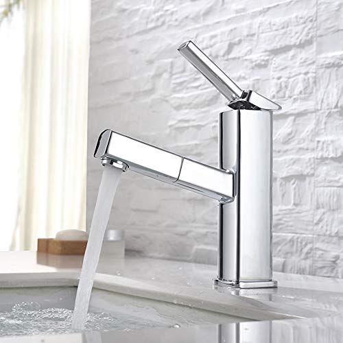KAIYING Bathroom Sink Faucet with Pull Out Sprayer, Single Handle Basin Mixer Tap for Hot and Cold Water, Lavatory Pull Down Vessel Sink Faucet with Rotating Spout (Regular, Chrome)