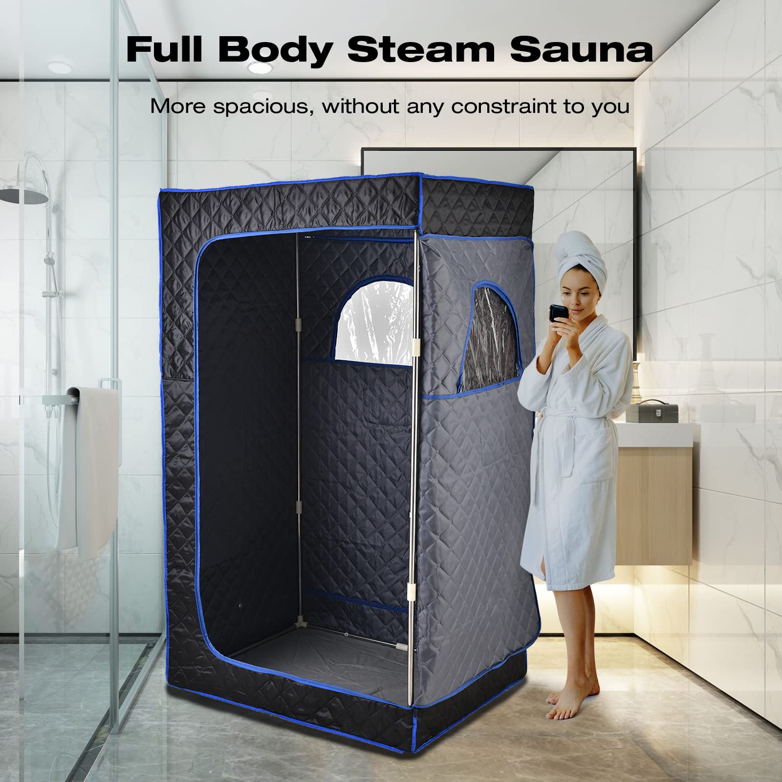 HIGOSPRO Portable Full Size Steam Sauna, Lightweight Steam Saunas for Home Spa, FCC Certified 2.6L & 1000W Steam Generator, 90 Minute Timer, Indoor Steam Sauna Tent with Remote Control, Black
